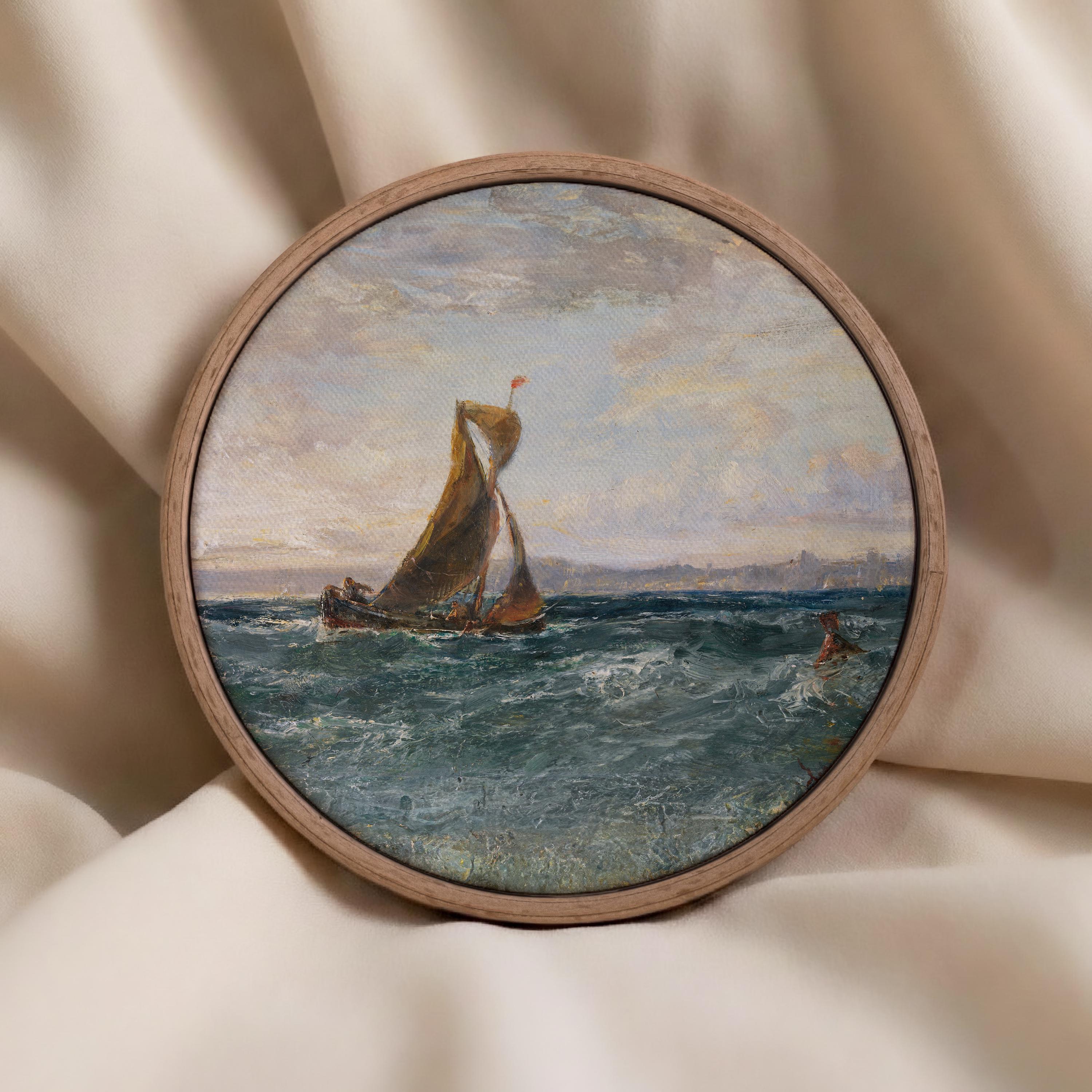 Coastal Ship Wall Art: Vintage Nautical Print (Round Canvas)