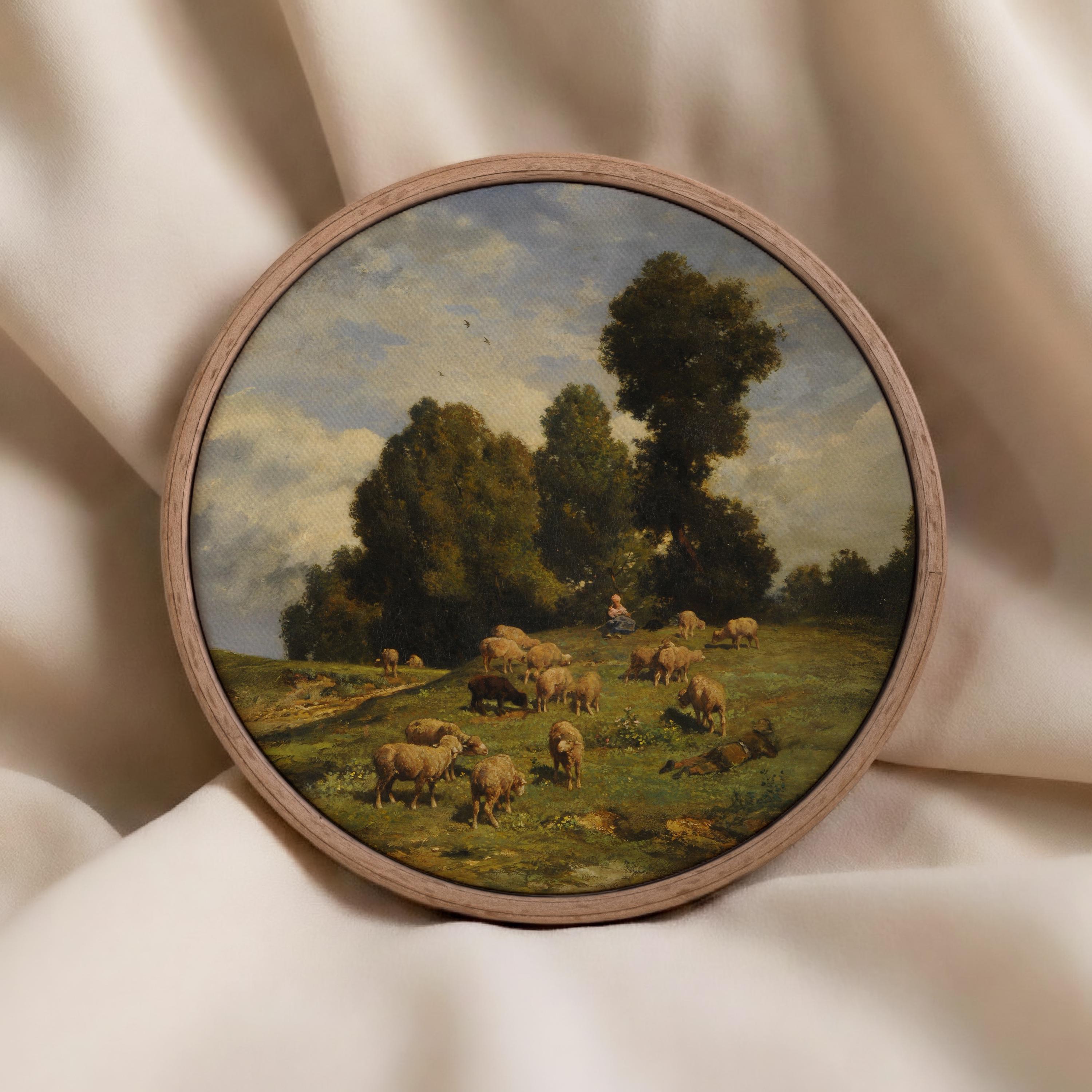 Vintage Countryside Landscape Print – Rustic Farmhouse Wall Art – Pastoral Country Scene on Round Canvas