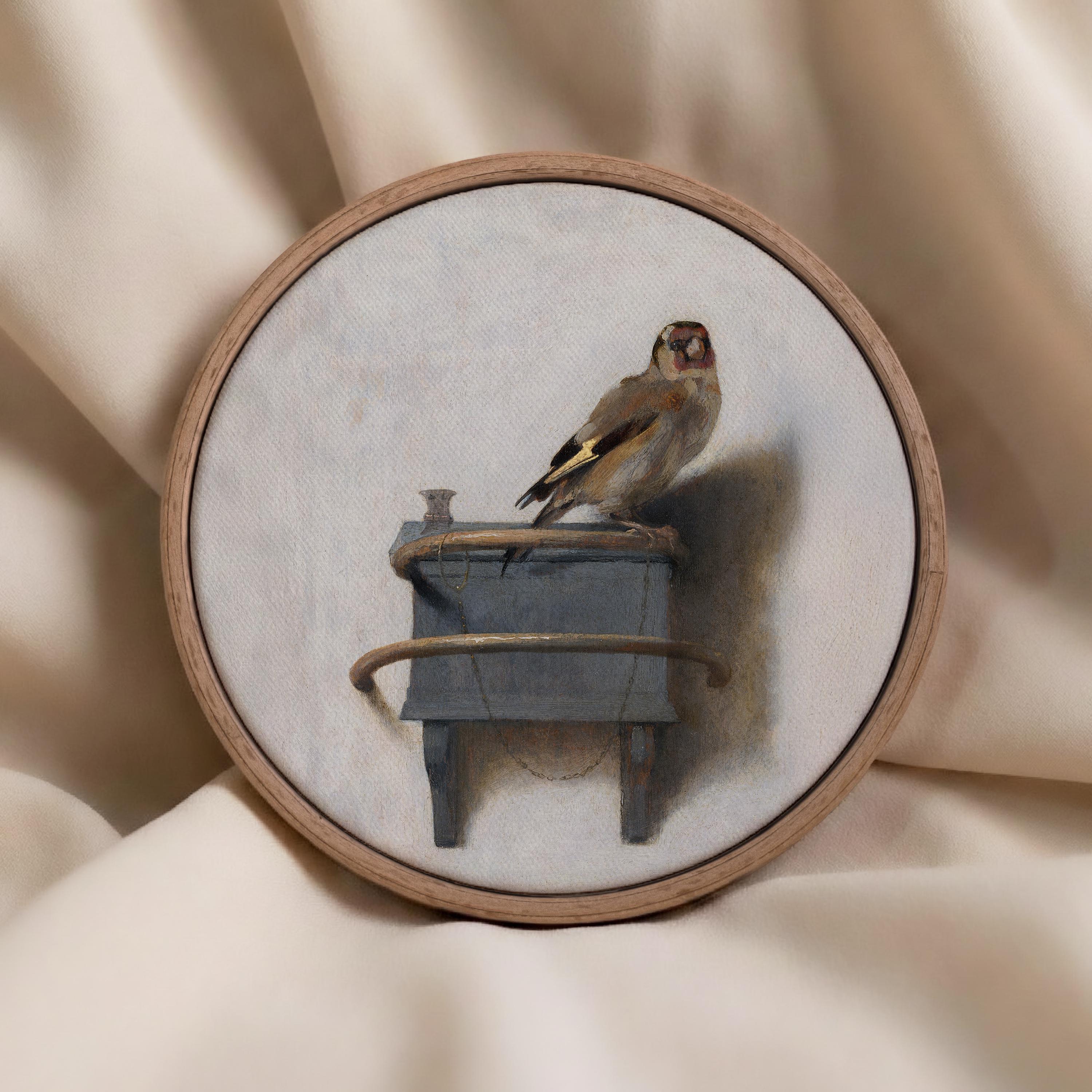 Vintage Bird Painting Round Canvas, Antique Goldfinch Wall Art, Minimal Rustic Nature Print