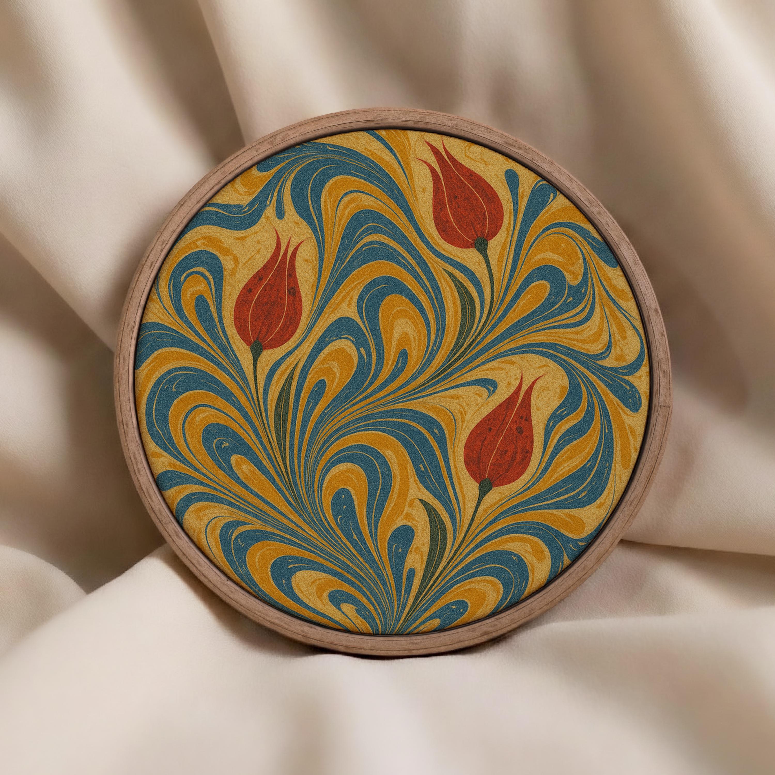 Marbled Tulip Art Print, Round Floral Canvas Wall Decor, Vintage Folk Botanical Style Marbled Tulip Art Print, Round Floral Canvas Wall Decor, Vintage Folk Botanical Style