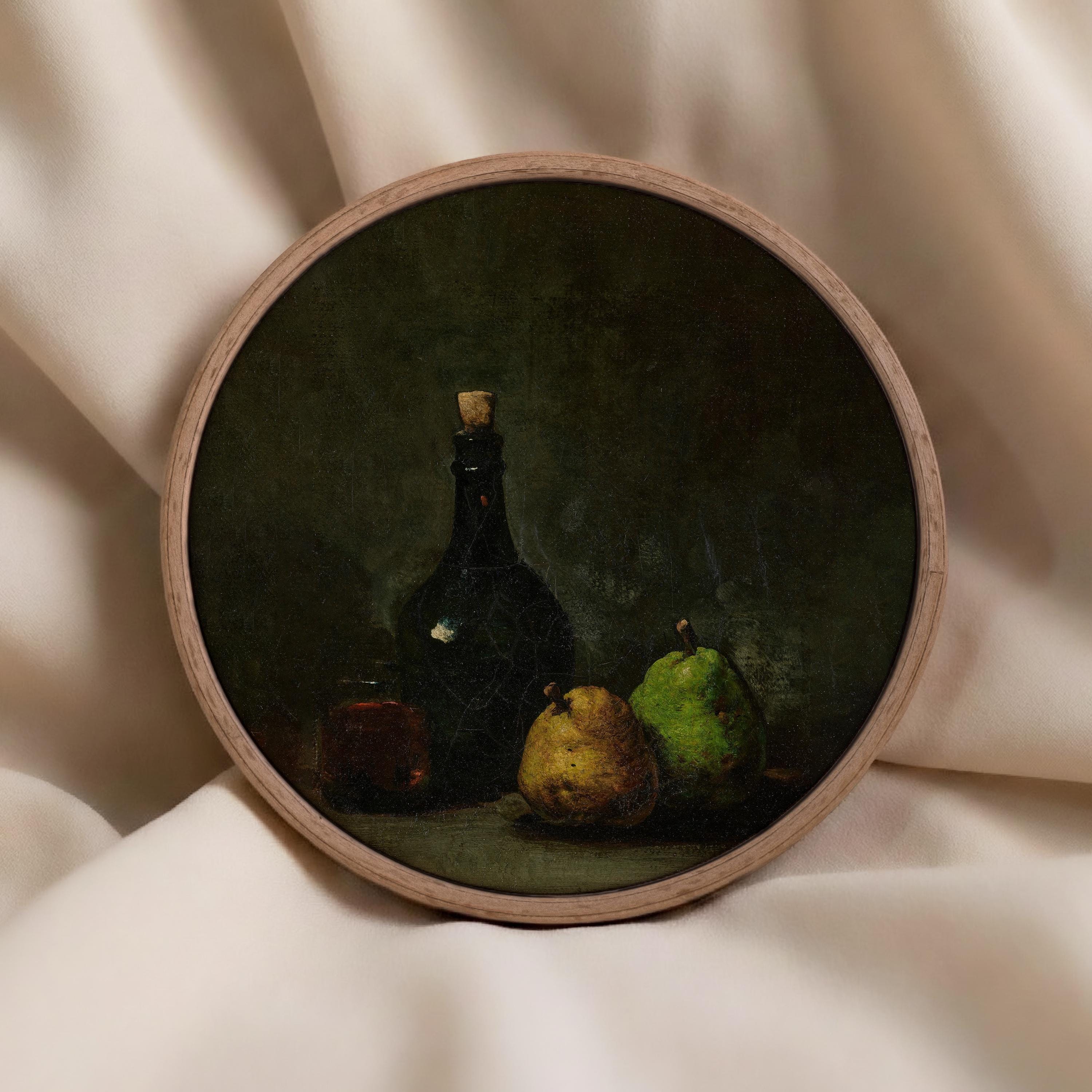 Round Framed Still Life Canvas Art, Vintage Kitchen Decor