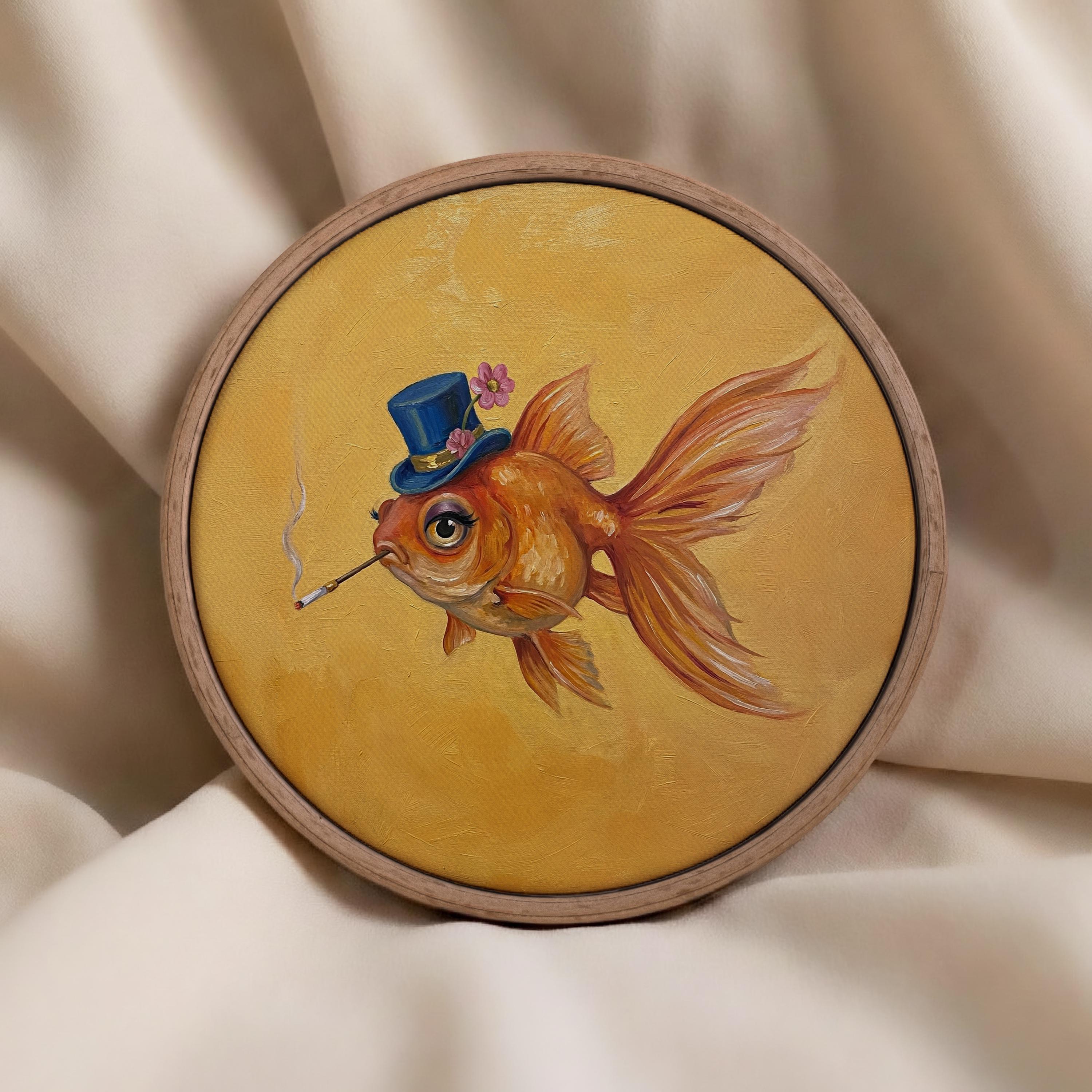 Fancy Goldfish Wall Art · Goldfish Top Hat Painting · Quirky Fish Decor · Funny Cottagecore Animal Gift