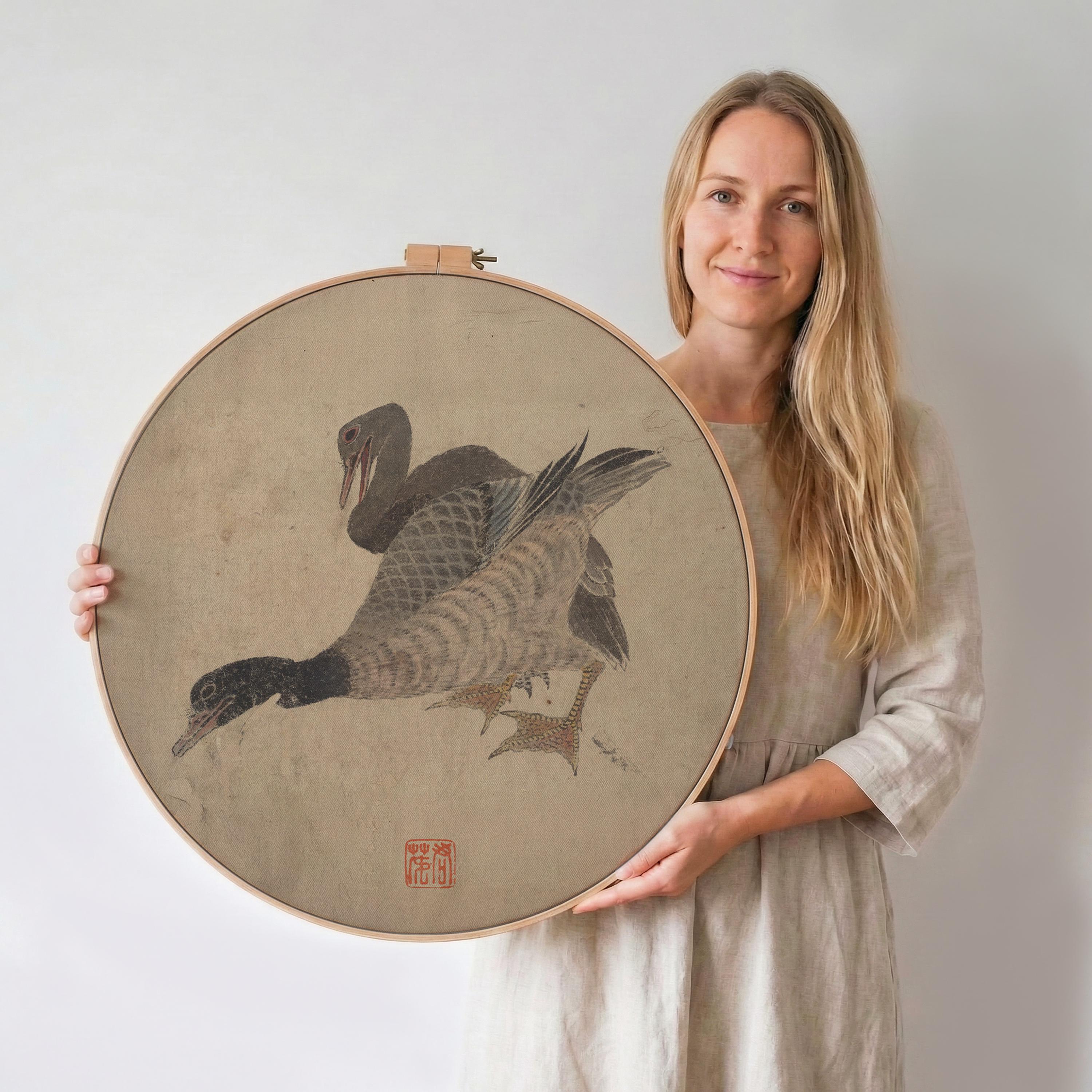 Japanese Duck Painting Framed Canvas | Vintage Asian Bird Wall Decor | Round Canvas Print | Wabi-Sabi Home Gift