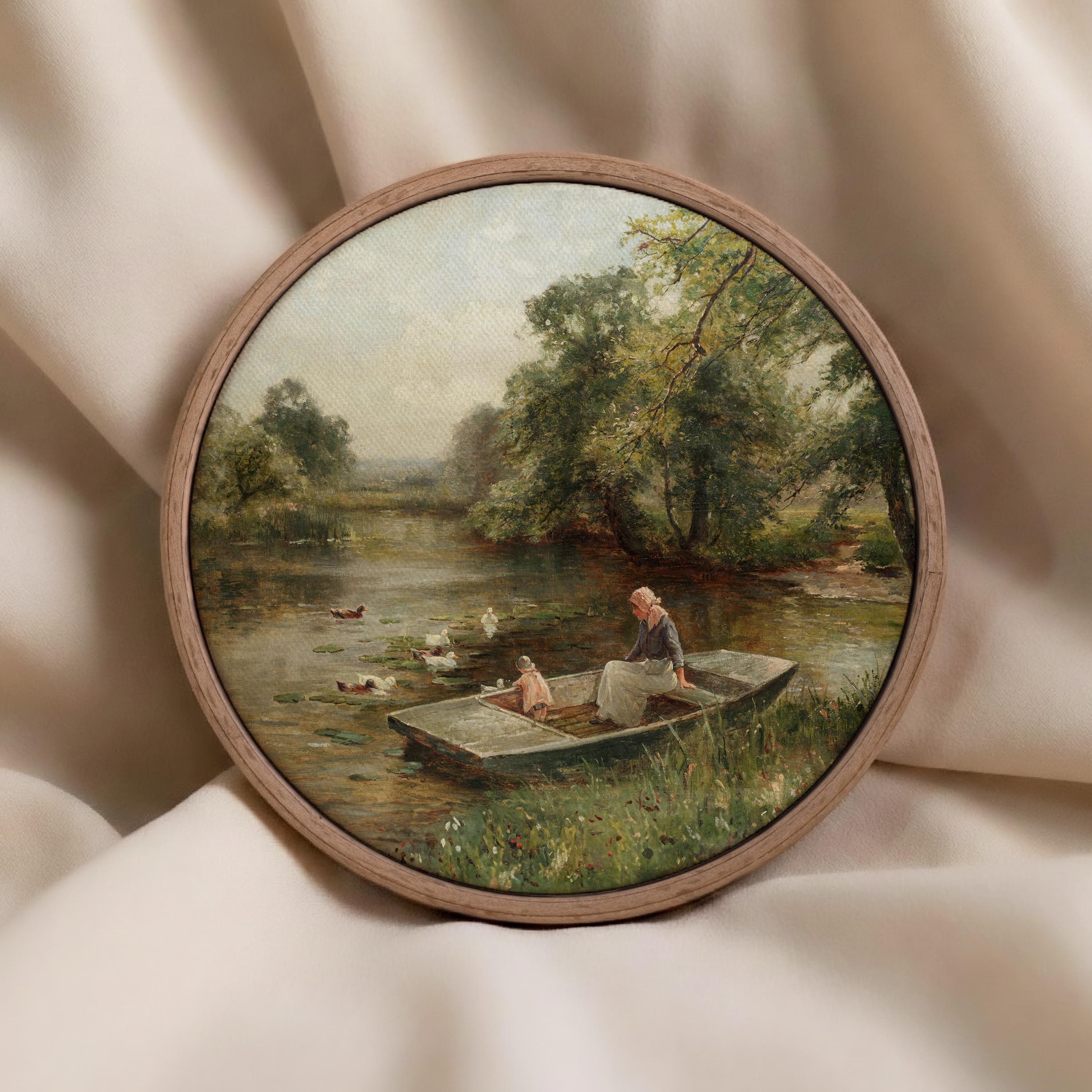 Vintage River Scene Art Print - Mother and Child, Round Beechwood Frame Vintage River Scene Art Print - Mother and Child, Round Beechwood Frame