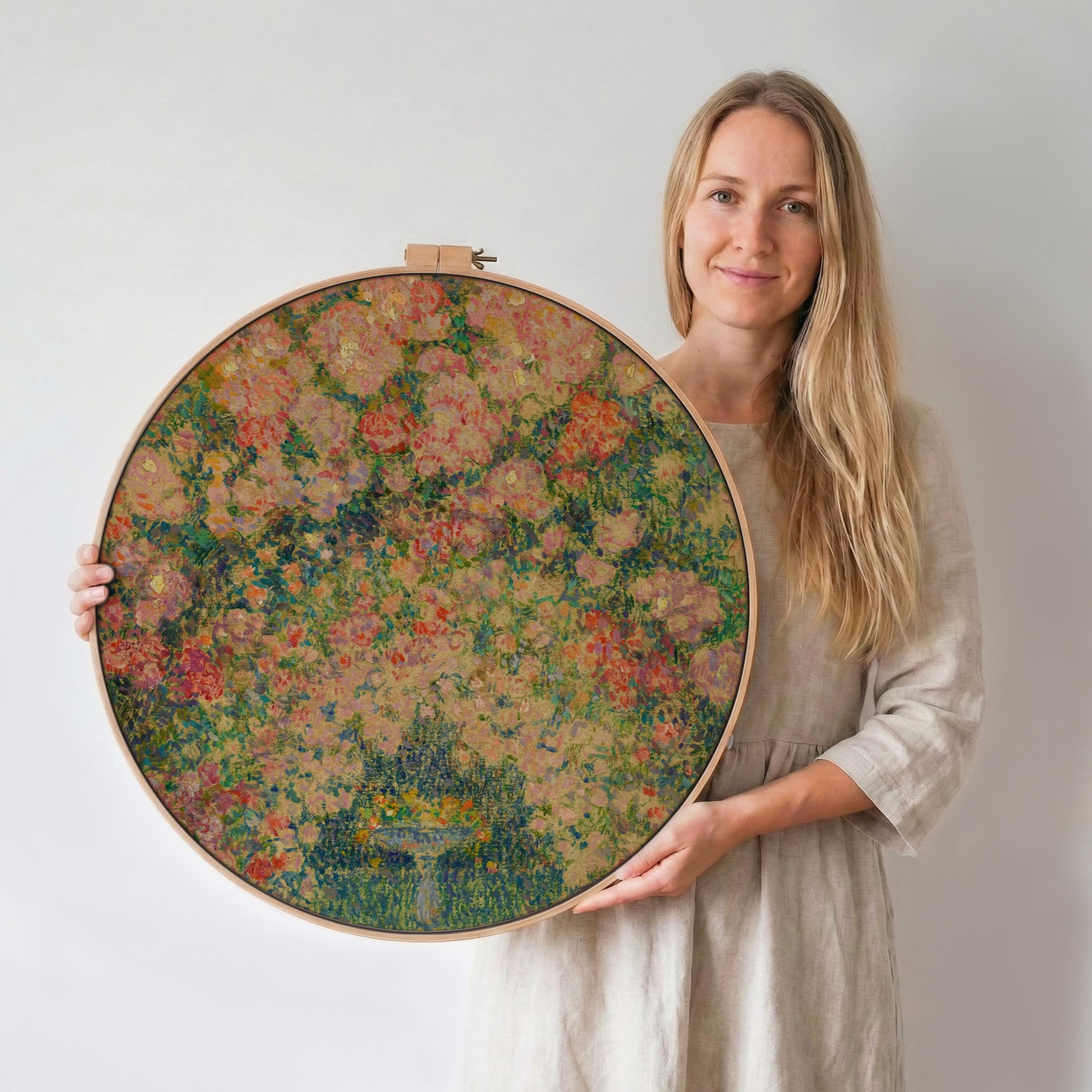 Large Round Floral Framed Canvas Print, Vintage Impressionist Garden Painting, Cottagecore Boho Decor Large Round Floral Framed Canvas Print, Vintage Impressionist Garden Painting, Cottagecore Boho Decor