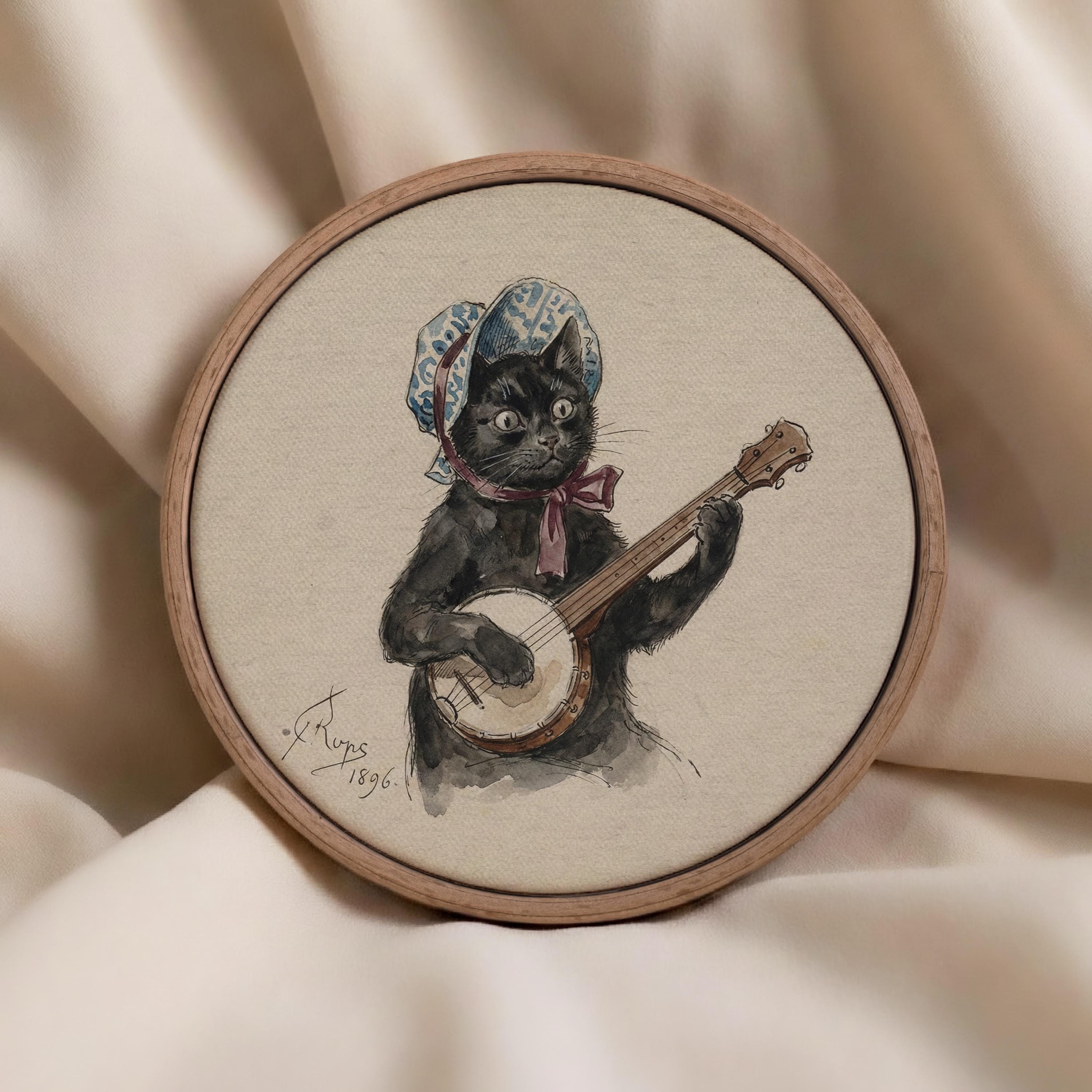 Whimsical Watercolor Black Cat Playing Banjo, Vintage Storybook Animal Art, Cottagecore Wall Decor Whimsical Watercolor Black Cat Playing Banjo, Vintage Storybook Animal Art, Cottagecore Wall Decor