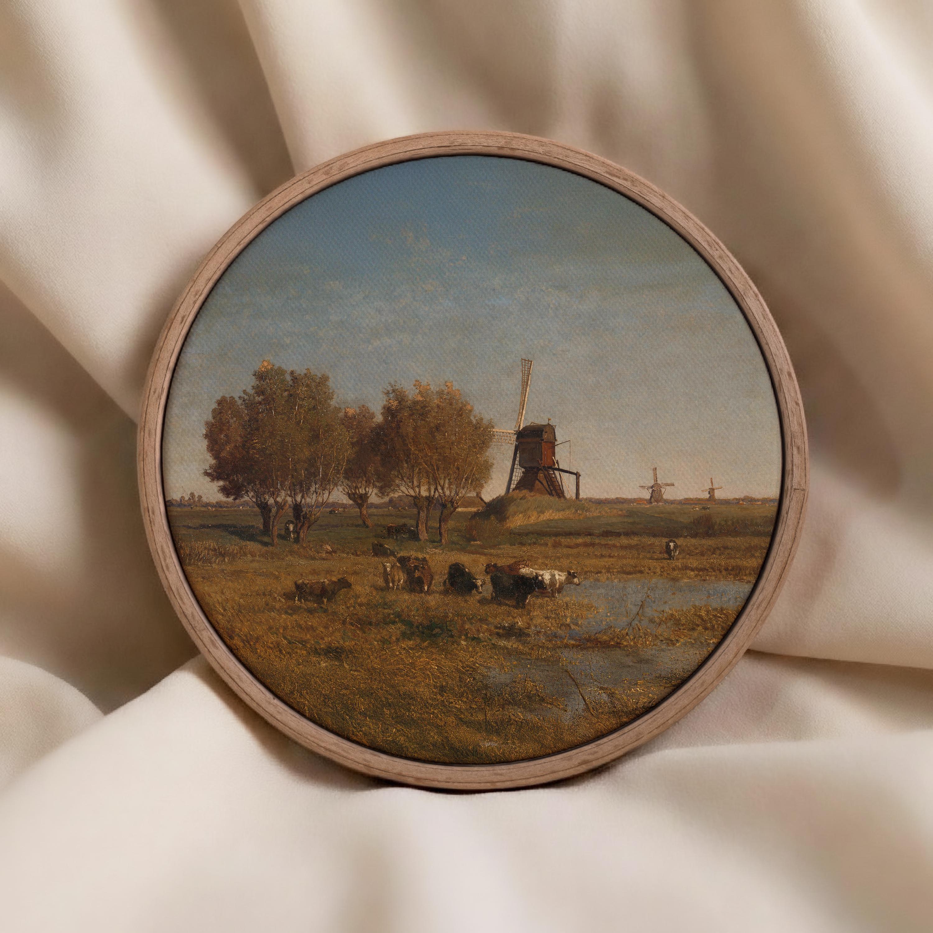 Windmill Landscape Print - Rustic Round Beechwood Canvas Wall Art