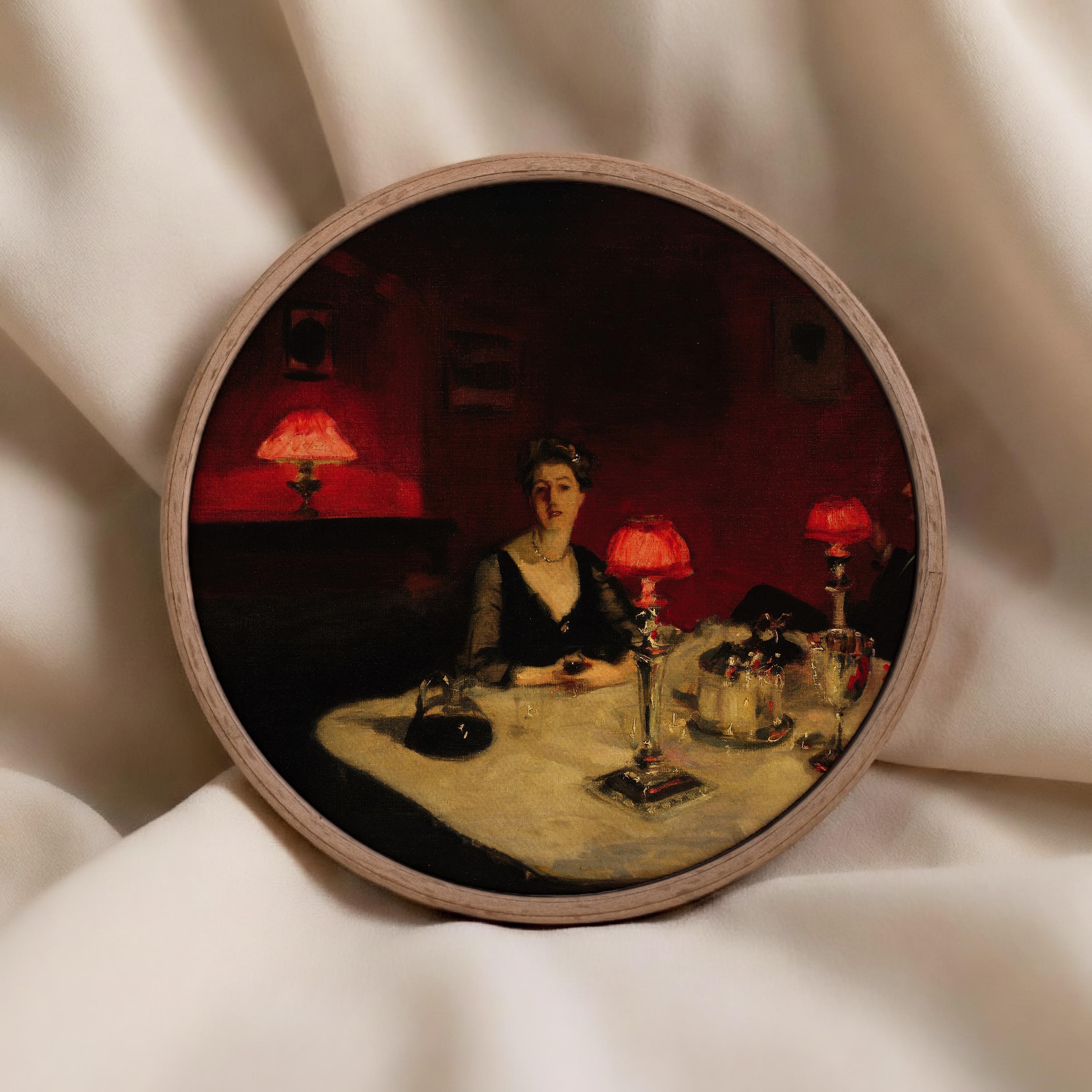 Romantic Dinner Scene Art Print - Round Beechwood Canvas