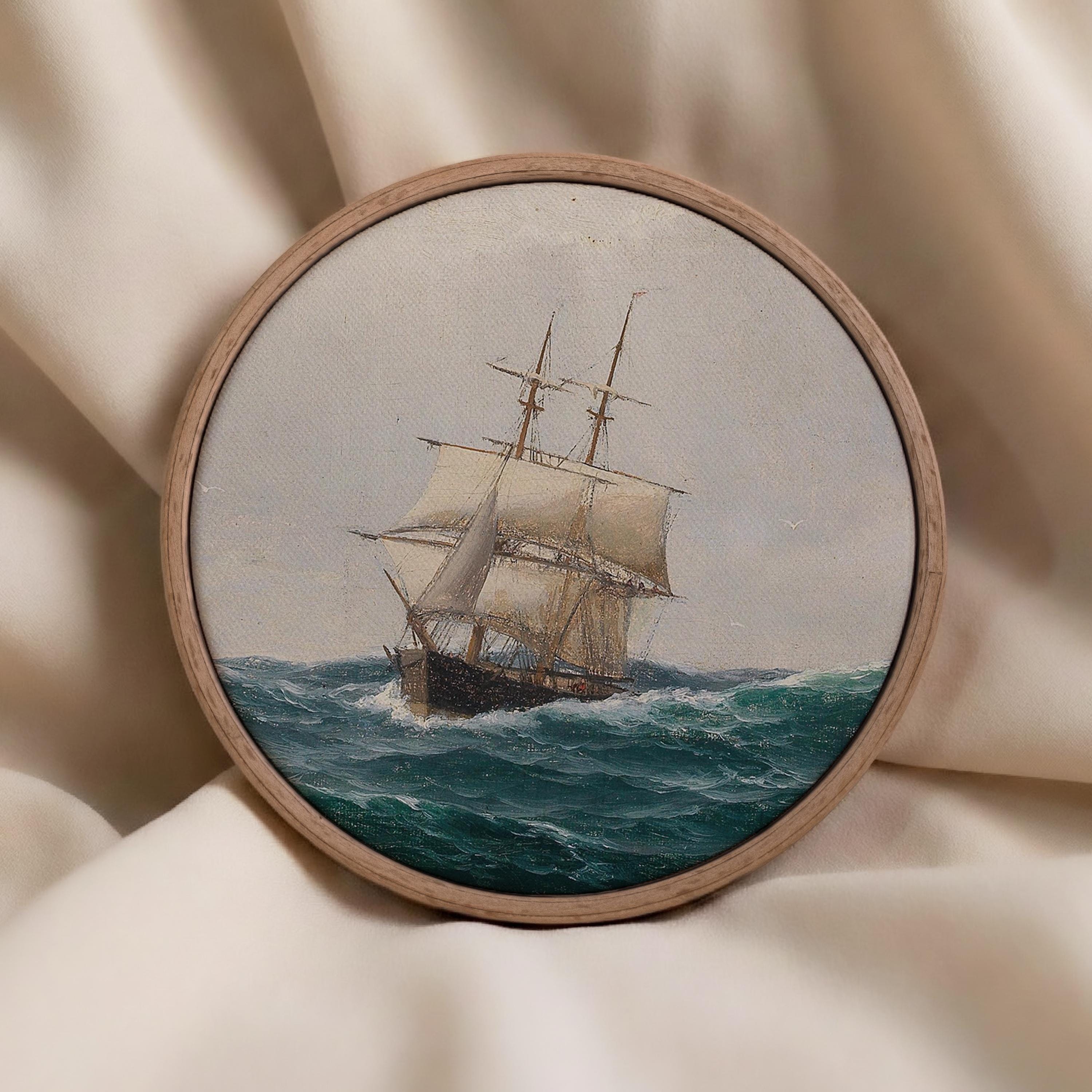 Vintage Stormy Sea Painting: Tall Ship Battling Waves on Canvas