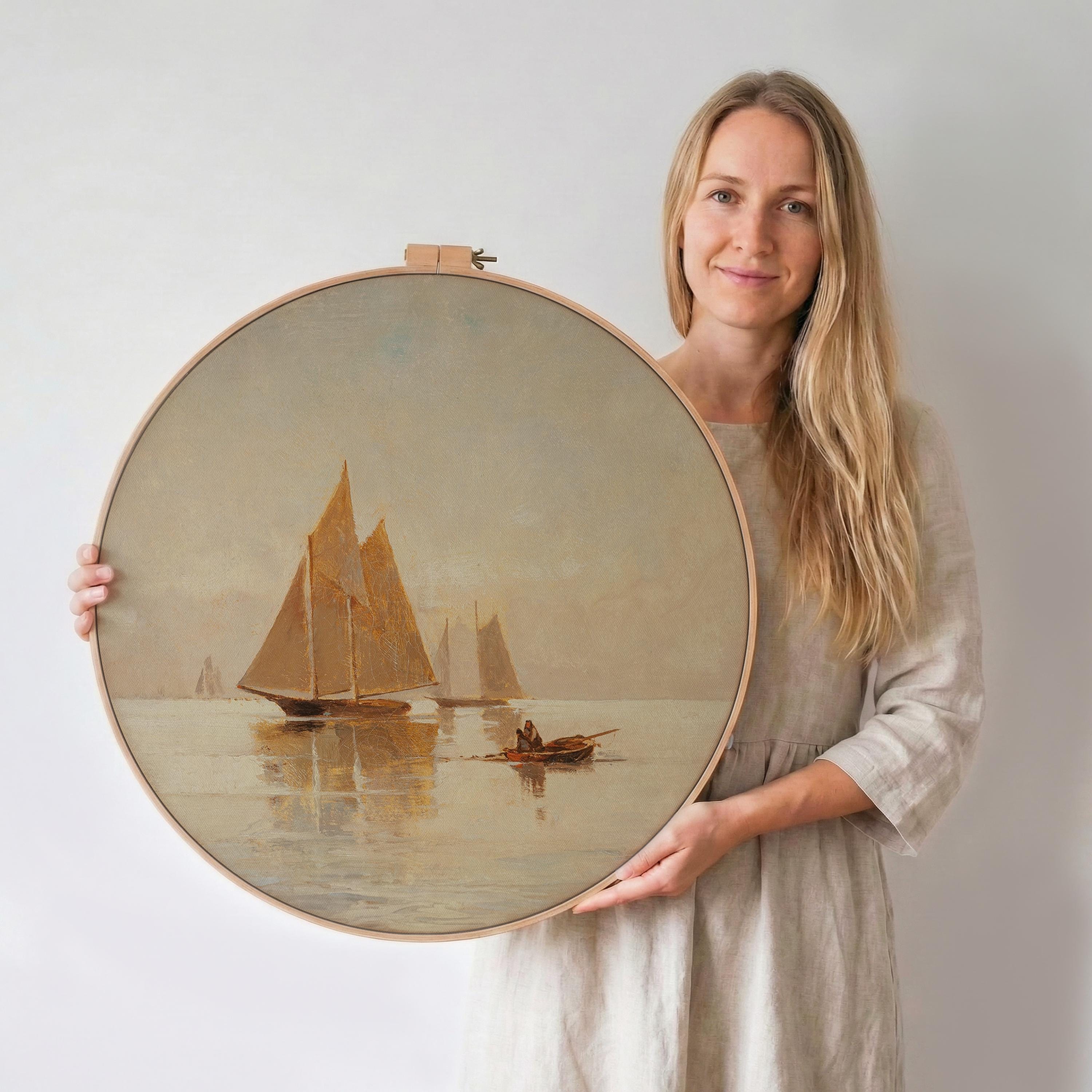 Vintage Seascape Art Print, Round Cotton Canvas, Coastal Decor