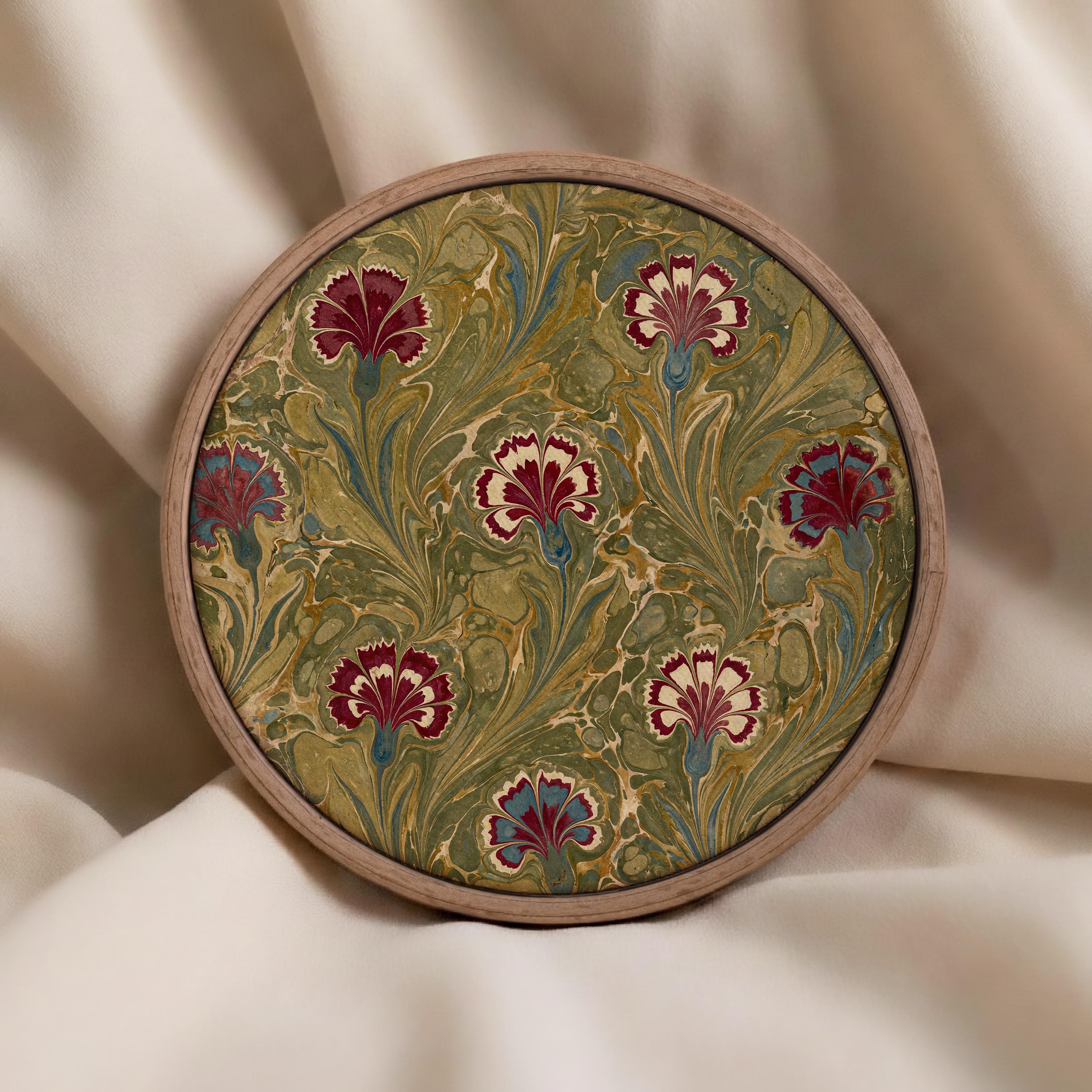Ebru Carnation Wall Art · Marbled Floral Painting ·Sage Botanical Decor · Ottoman Folk Art Gift
