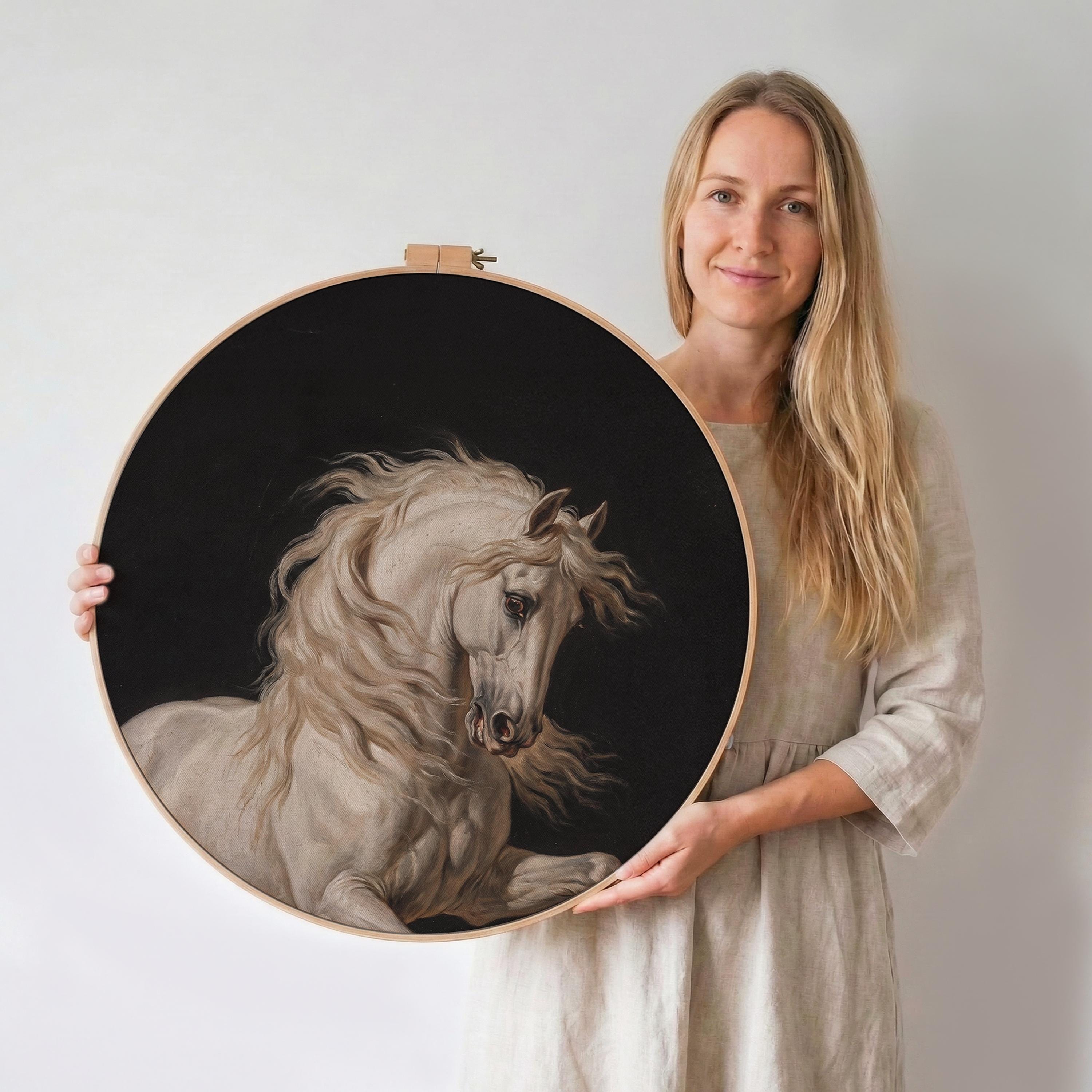 White Horse Framed Canvas Print | Dark Equestrian Wall Decor | Baroque Horse Painting | Large Round Canvas