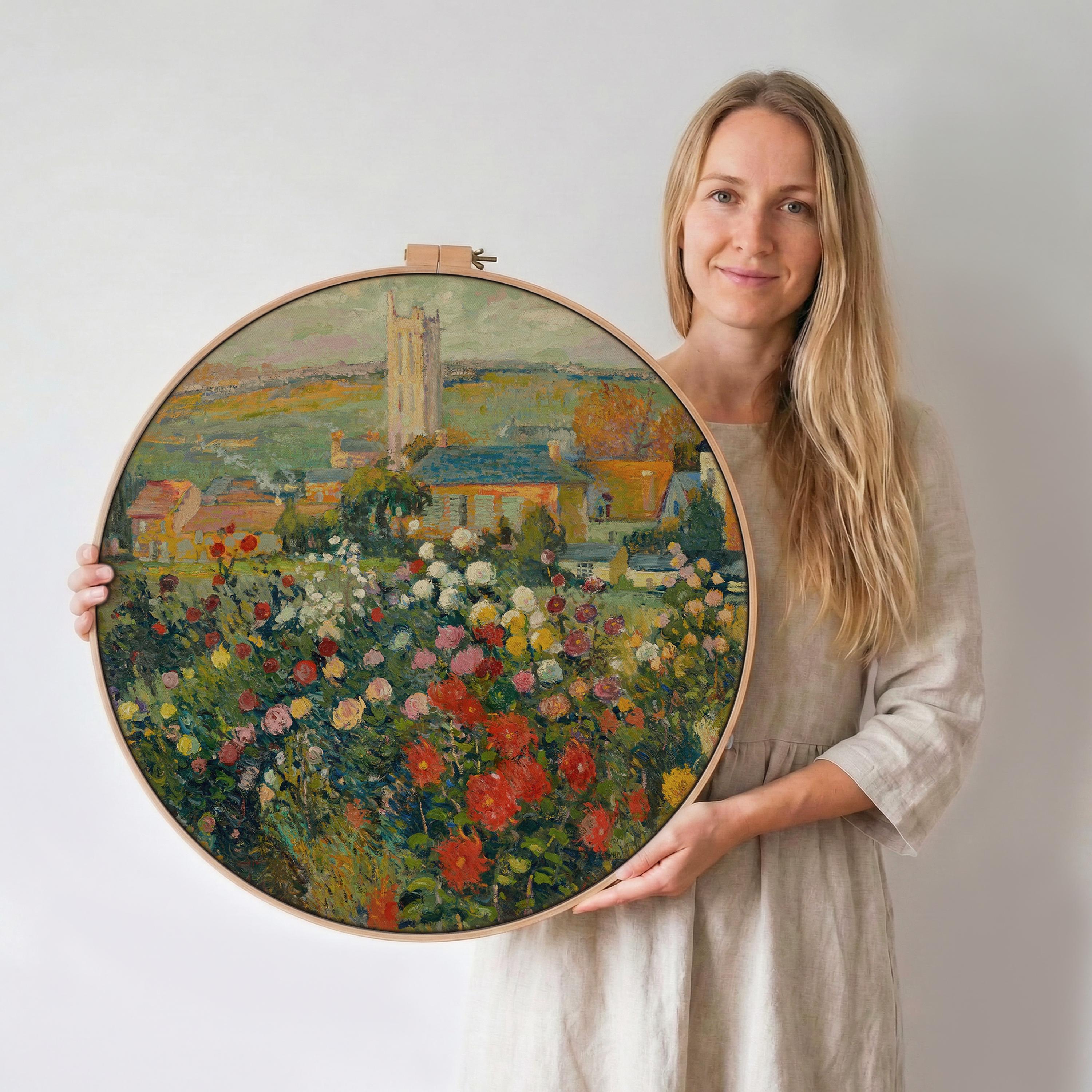 Round Framed Canvas Print, Vintage Wildflower Landscape, Impressionist Farmhouse Wall Art