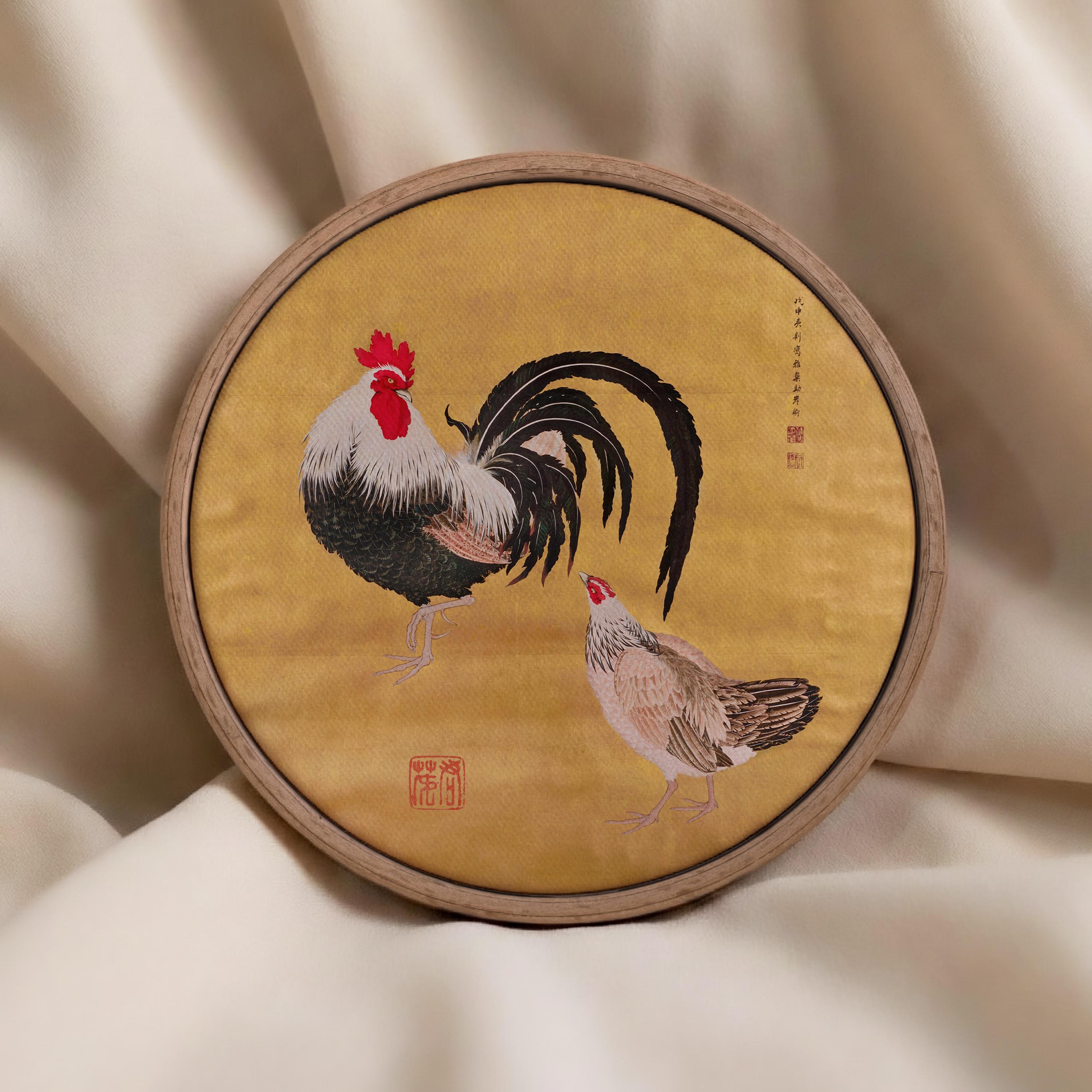 Rooster Hen Wall Art · Chinese Bird Painting · Gold Farmhouse Decor · Year of the Rooster Gift