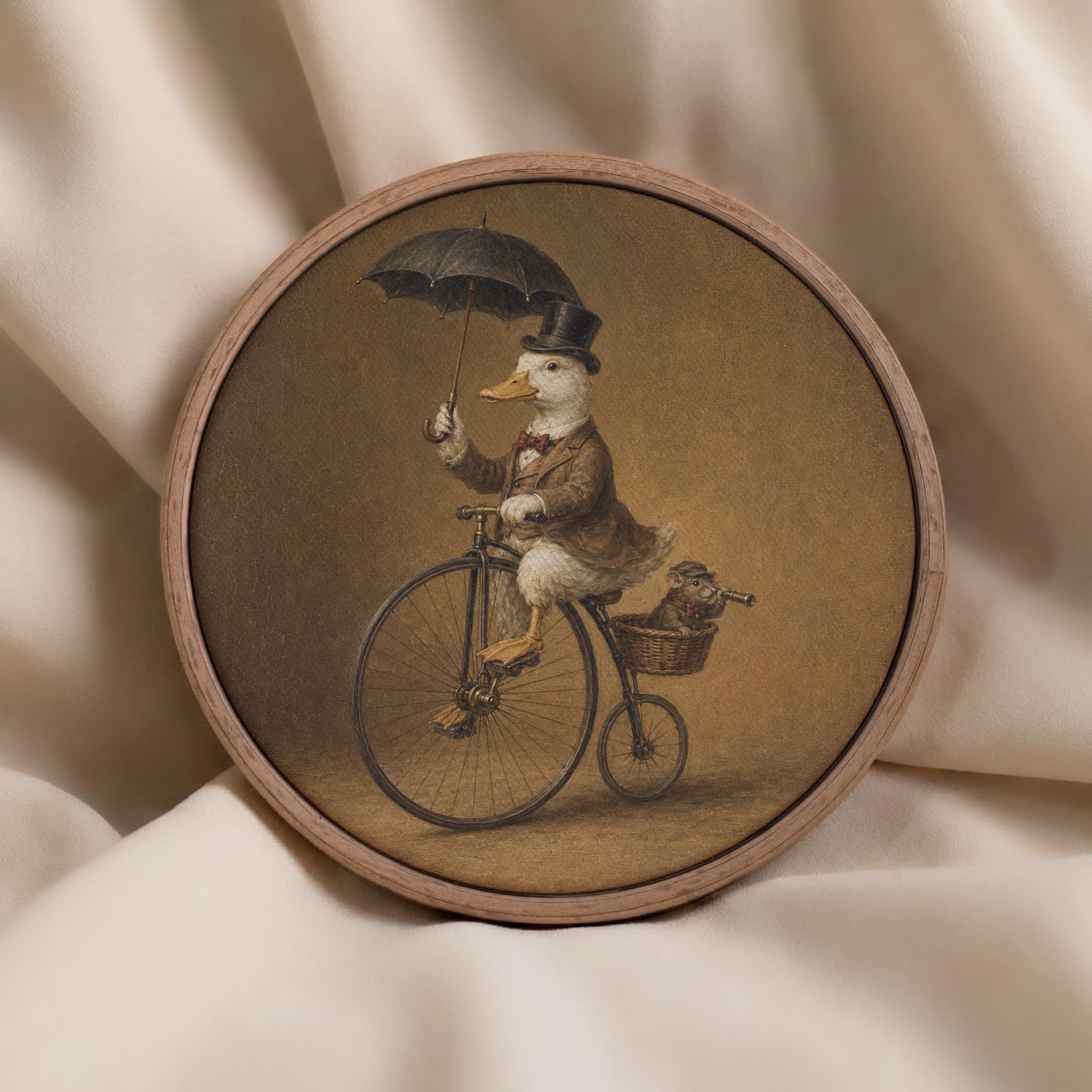 Gentleman Duck Riding Penny Farthing Round Canvas Wall Art, Funny Victorian Animal Print, Quirky Framed Canvas Decor Gentleman Duck Riding Penny Farthing Round Canvas Wall Art, Funny Victorian Animal Print, Quirky Framed Canvas Decor