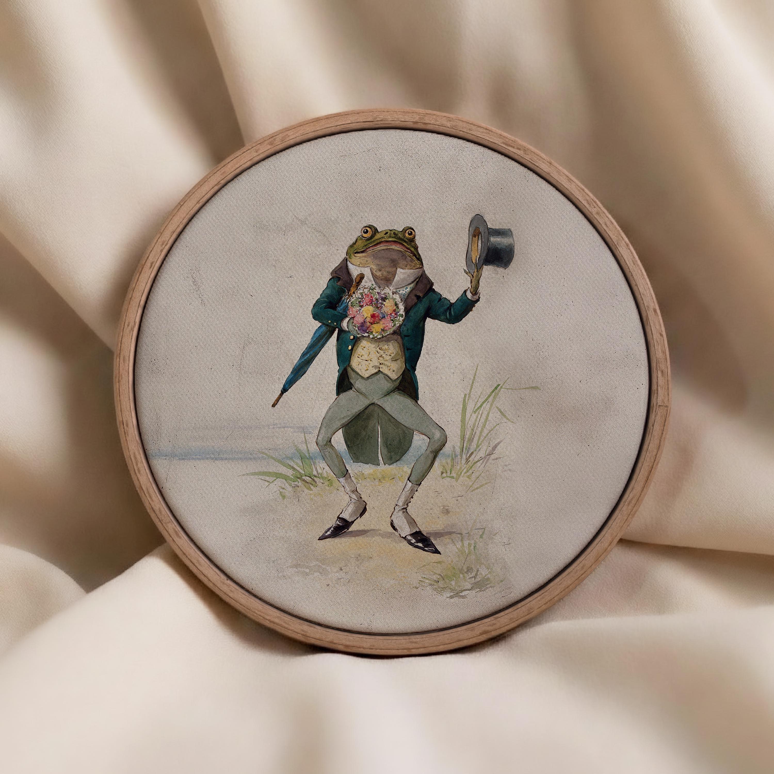 Victorian Frog Gentleman Art Print - Whimsical Animal Round Canvas Wall Decor