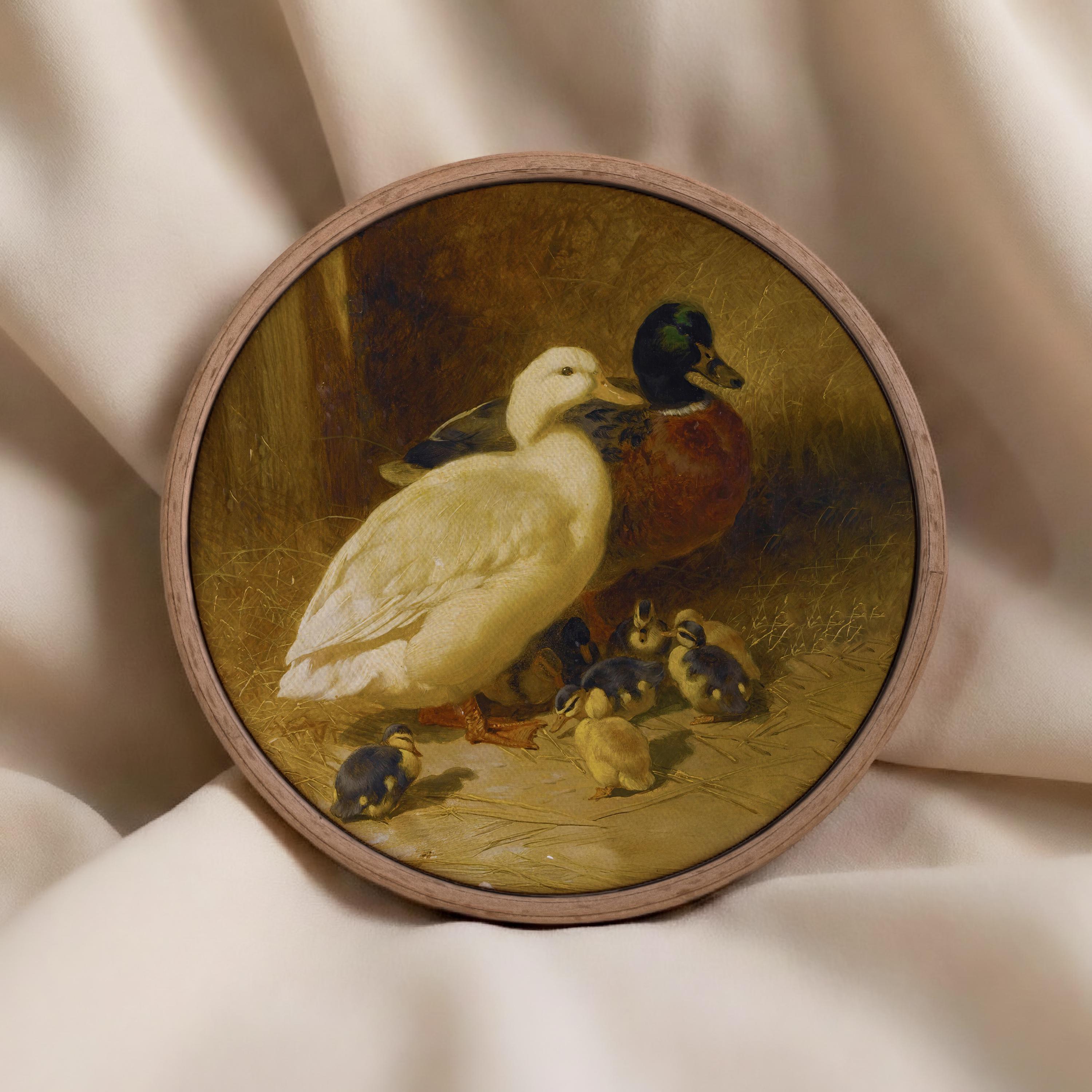 Vintage Duck Family Round Canvas Wall Art, Rustic Cottagecore Nursery Decor