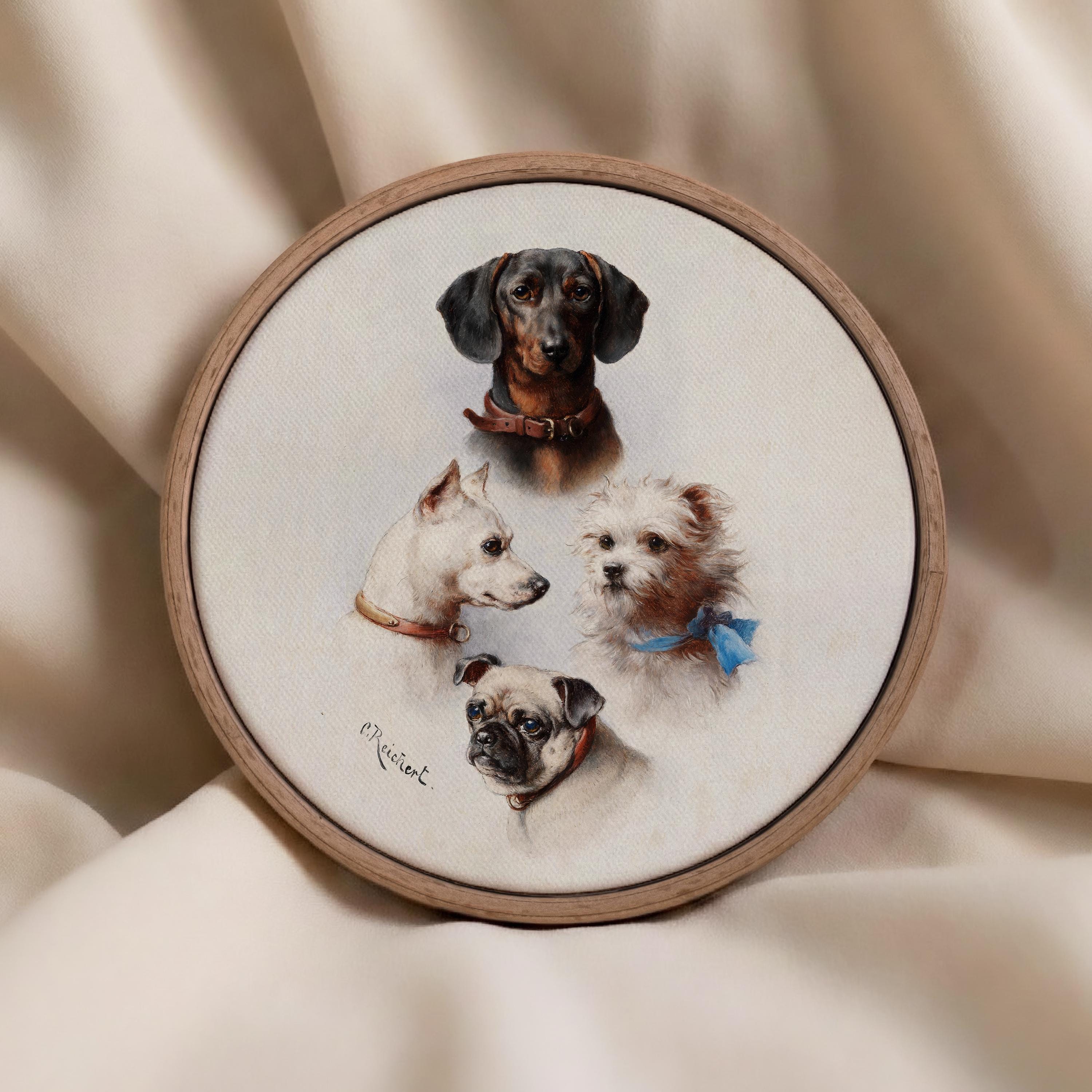 Watercolor Dog Portrait Art Print, Vintage Pet Illustration, Dog Lover Gift, Round Framed Canvas Watercolor Dog Portrait Art Print, Vintage Pet Illustration, Dog Lover Gift, Round Framed Canvas