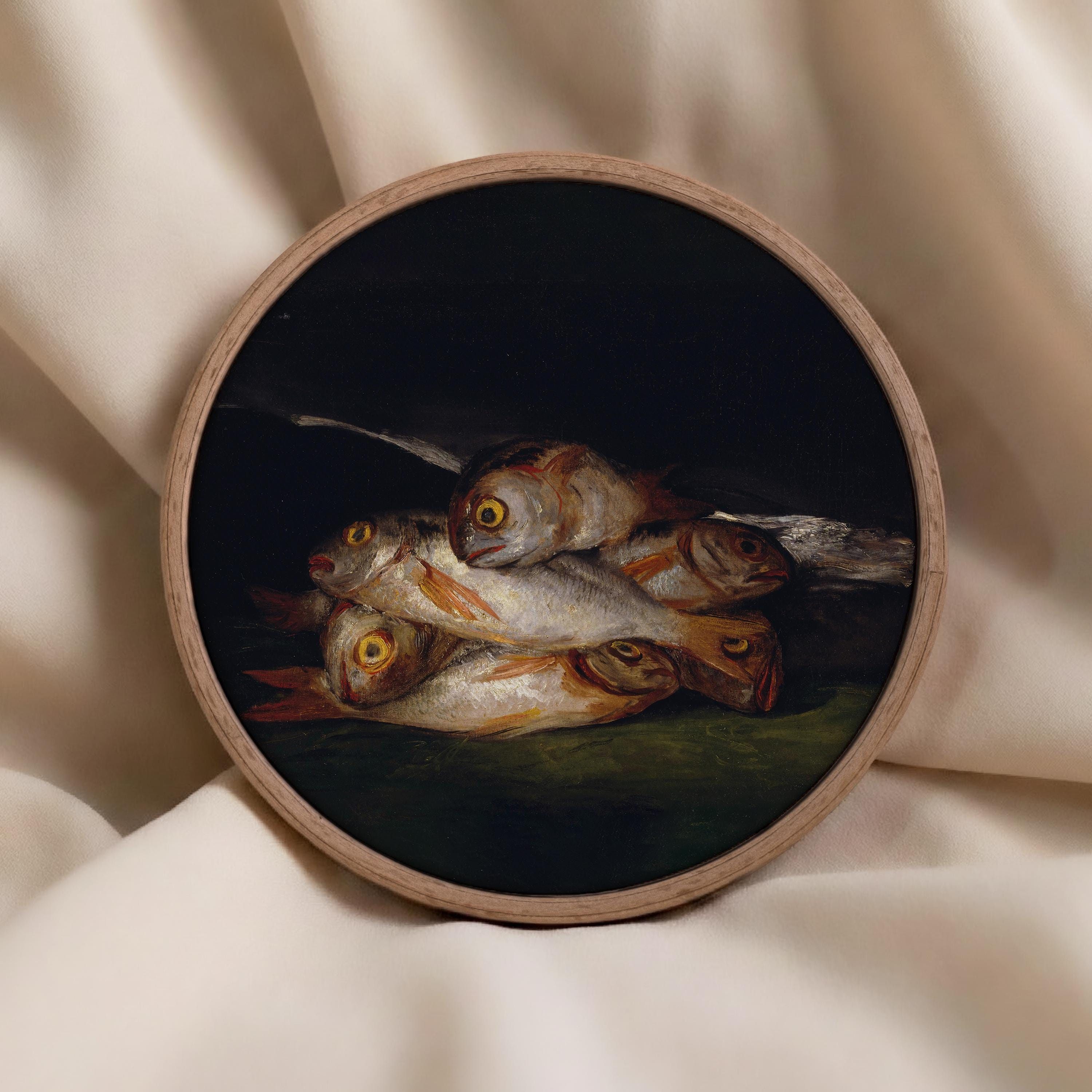 Vintage Fish Still Life Round Canvas Wall Art,Dark Antique Painting, Rustic Farmhouse Decor