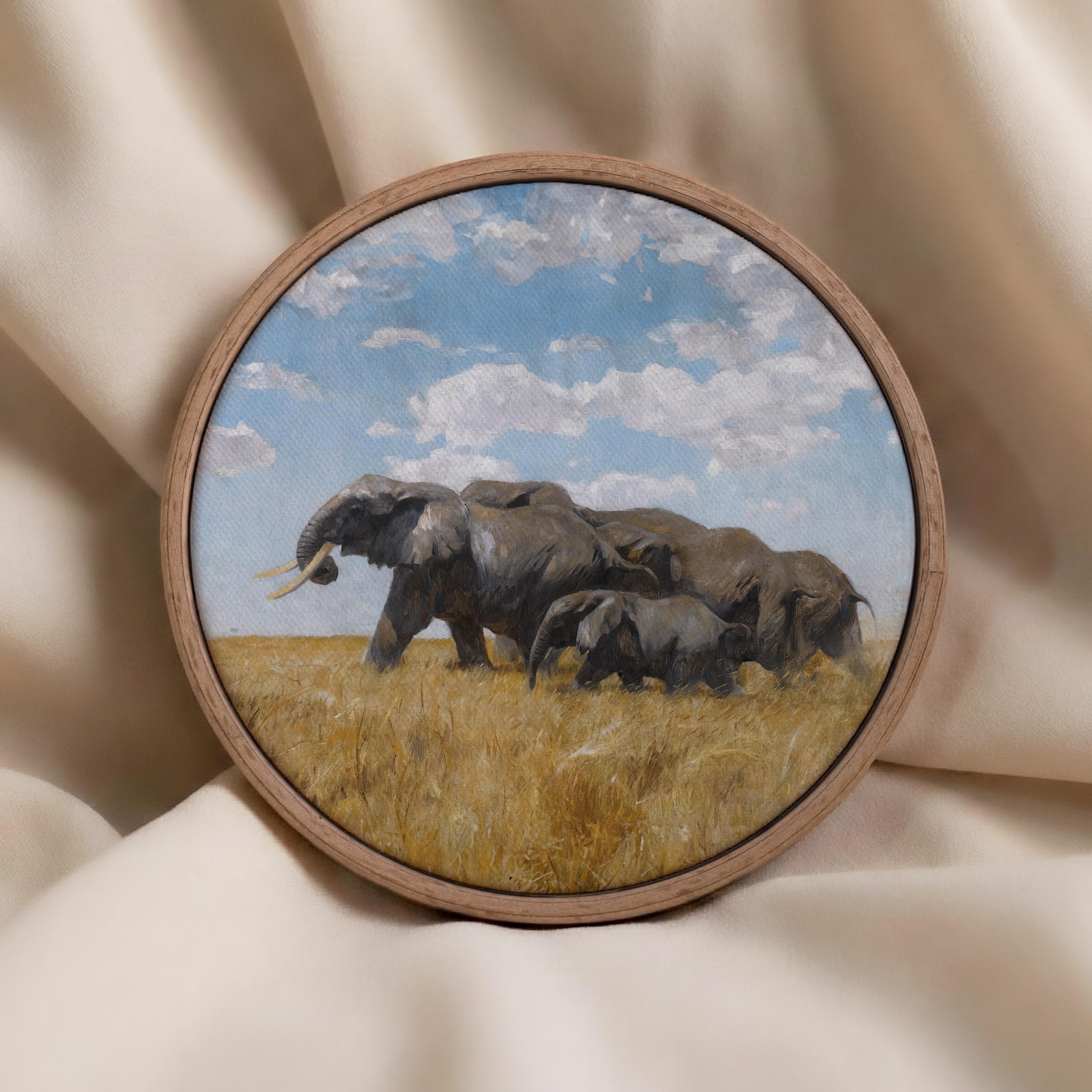 Elephant Family Oil Painting Print, Round Beechwood Canvas Elephant Family Oil Painting Print, Round Beechwood Canvas