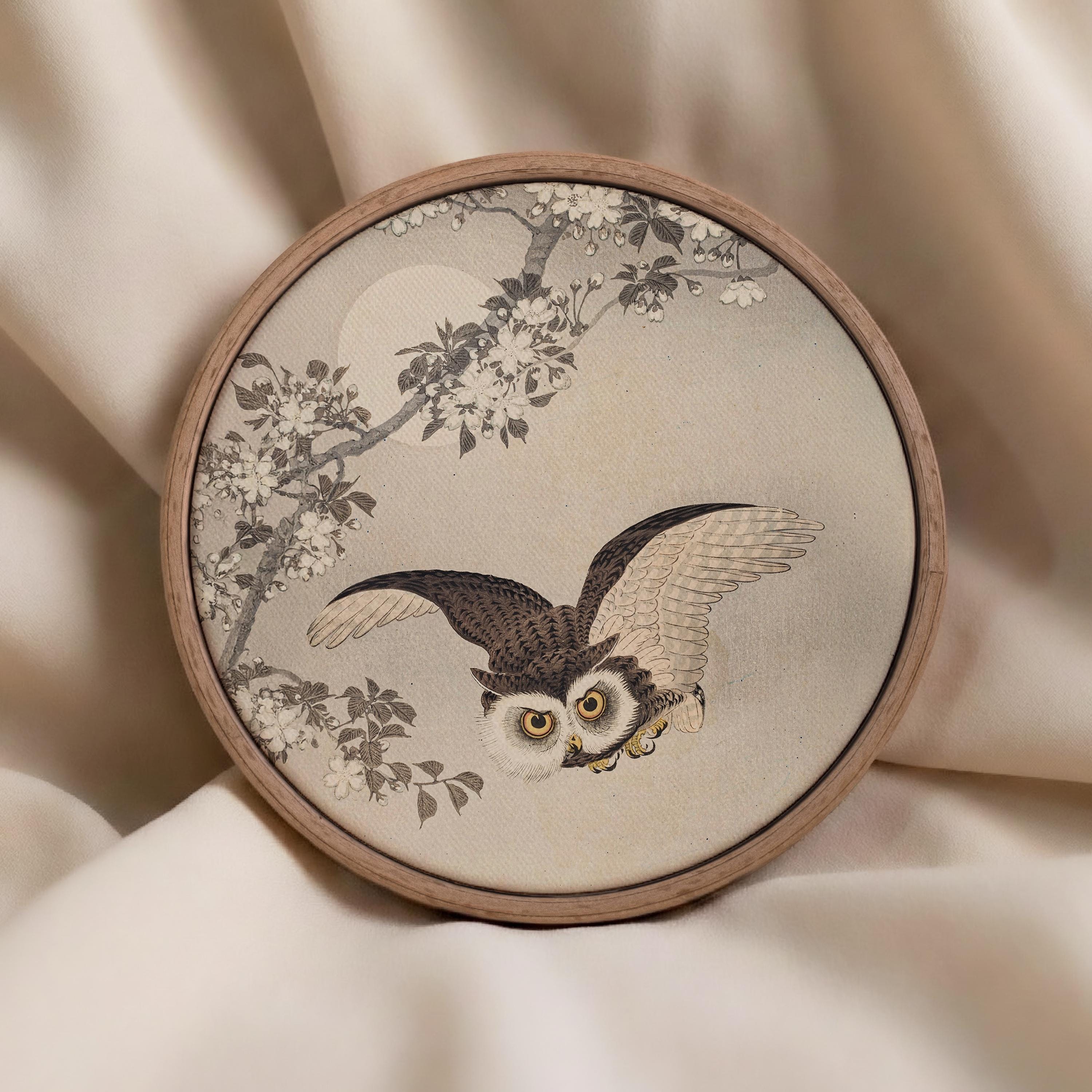 Owl Cherry Blossom Wall Art · Japanese Owl Painting · Japandi Neutral Decor · Owl Lover Nature Gift