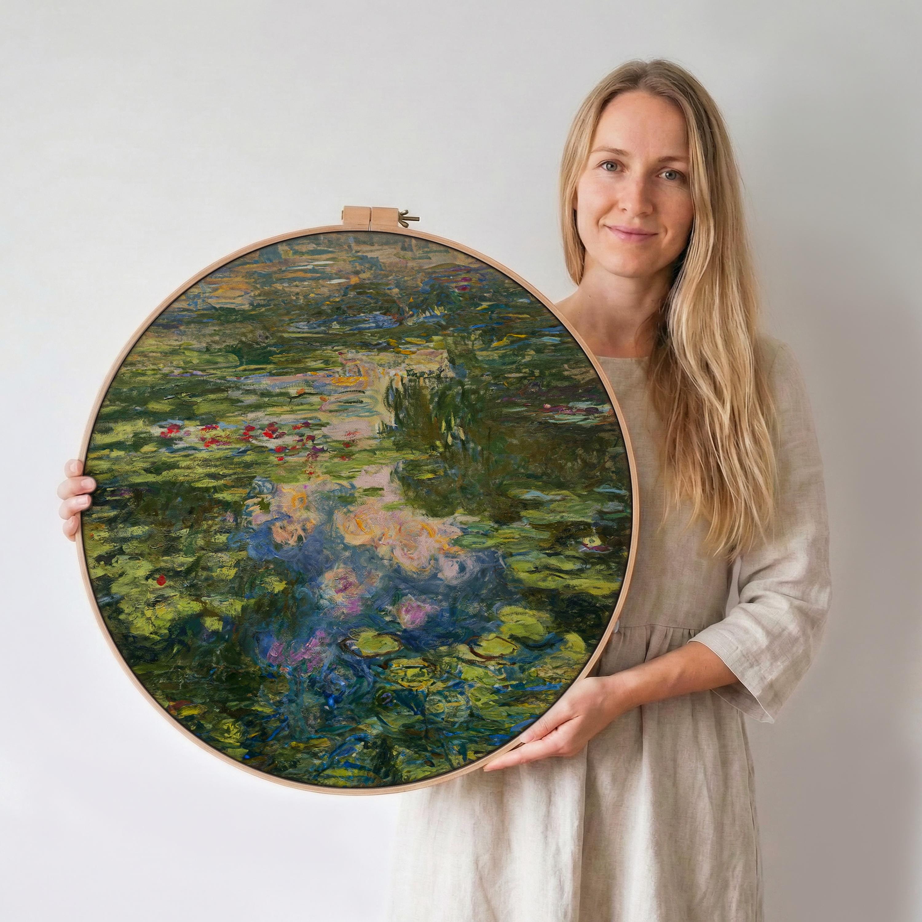 Monet Water Lilies Framed Canvas Print | Impressionist Pond Wall Decor | Large Round Canvas | Classic Art Gift