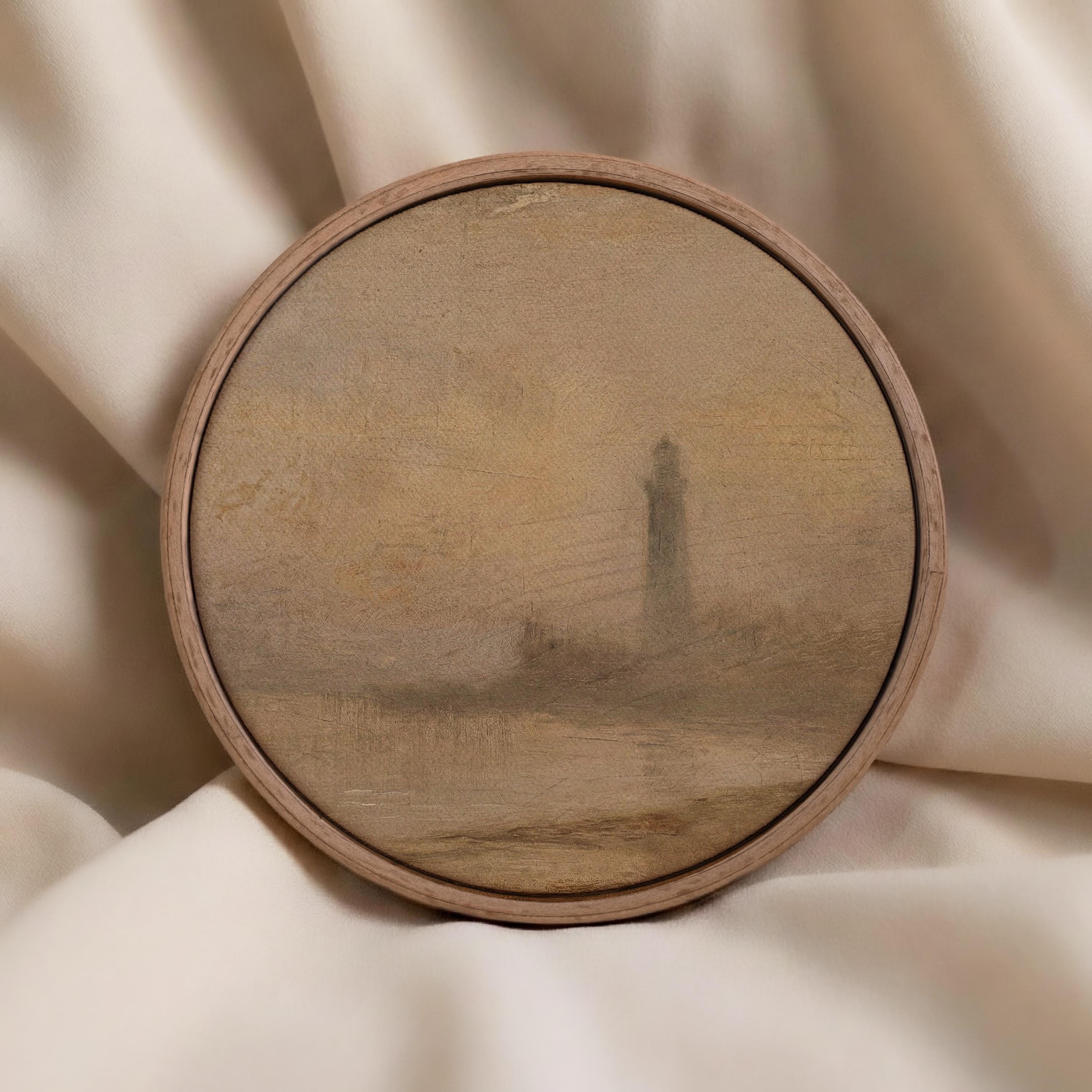 Round Framed Lighthouse Moody Coastal Wall Art, Neutral Farmhouse Canvas Print