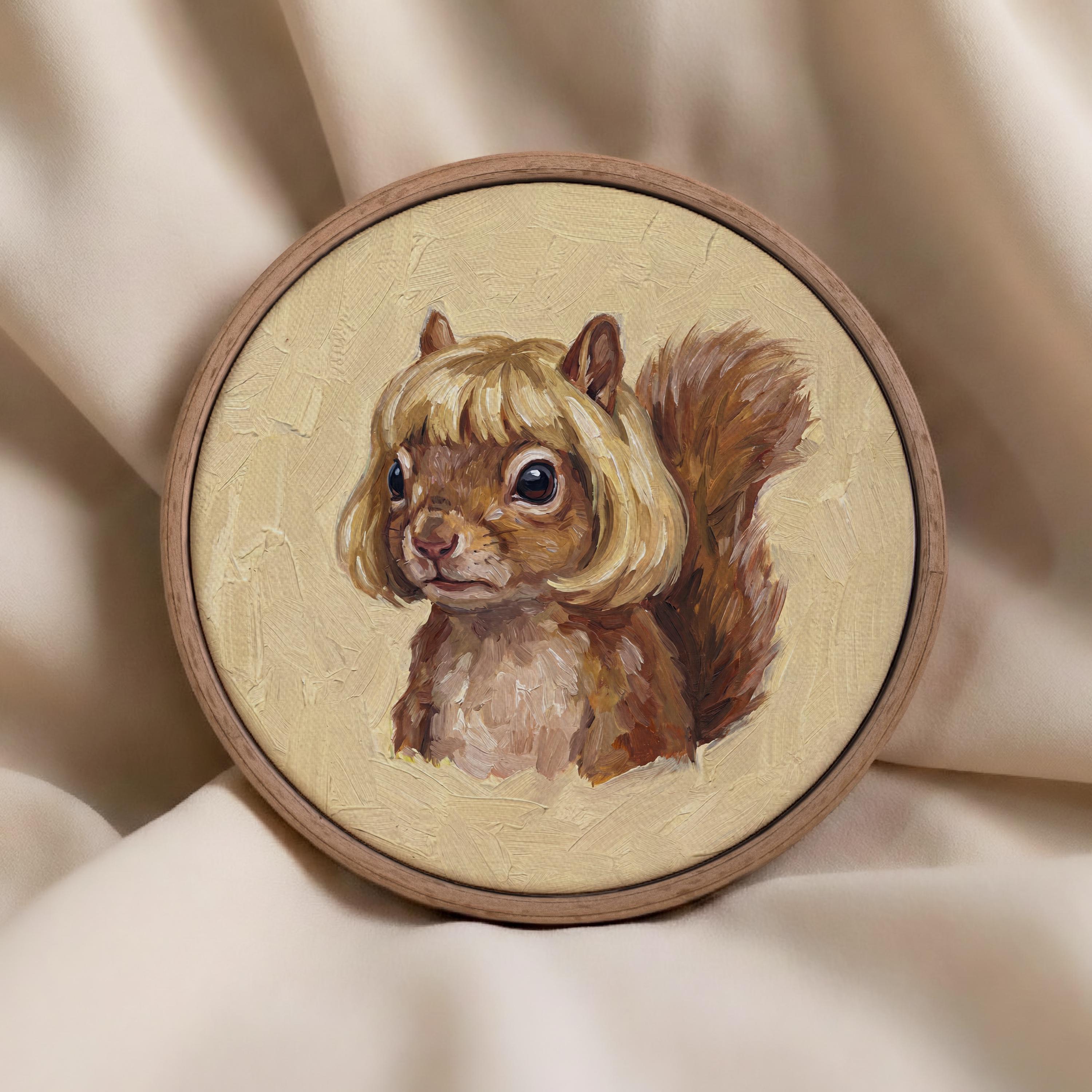 Blonde Bob Squirrel Round Canvas Wall Art, Funny Animal Portrait Print, Quirky Framed Canvas Decor, Whimsical Oddity Art Blonde Bob Squirrel Round Canvas Wall Art, Funny Animal Portrait Print, Quirky Framed Canvas Decor, Whimsical Oddity Art