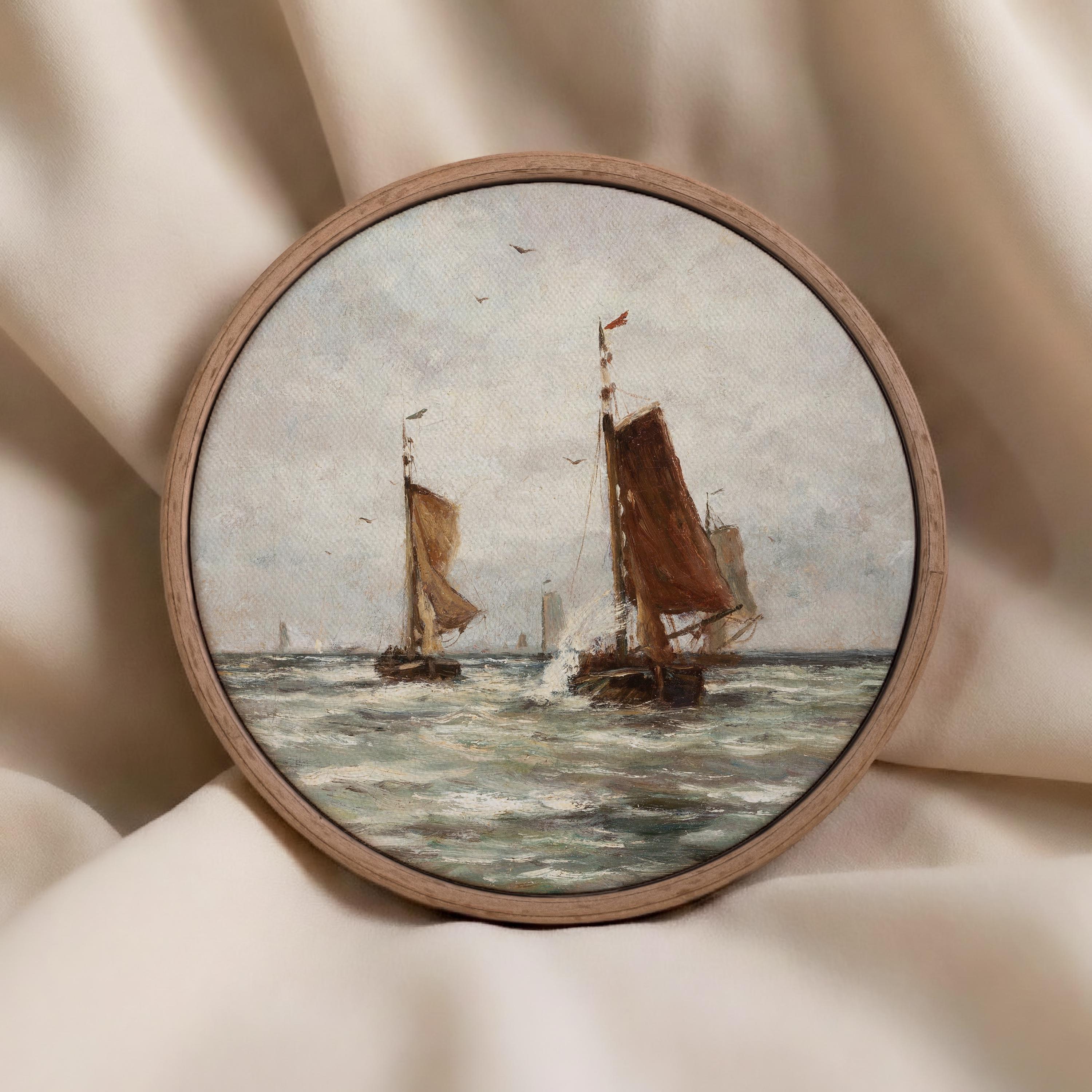 Classic Maritime Oil Painting Print - Rough Seas with Sailing Boats and Flying Seagulls  - Vintage Nautical Wall Art Print on Round Canvas