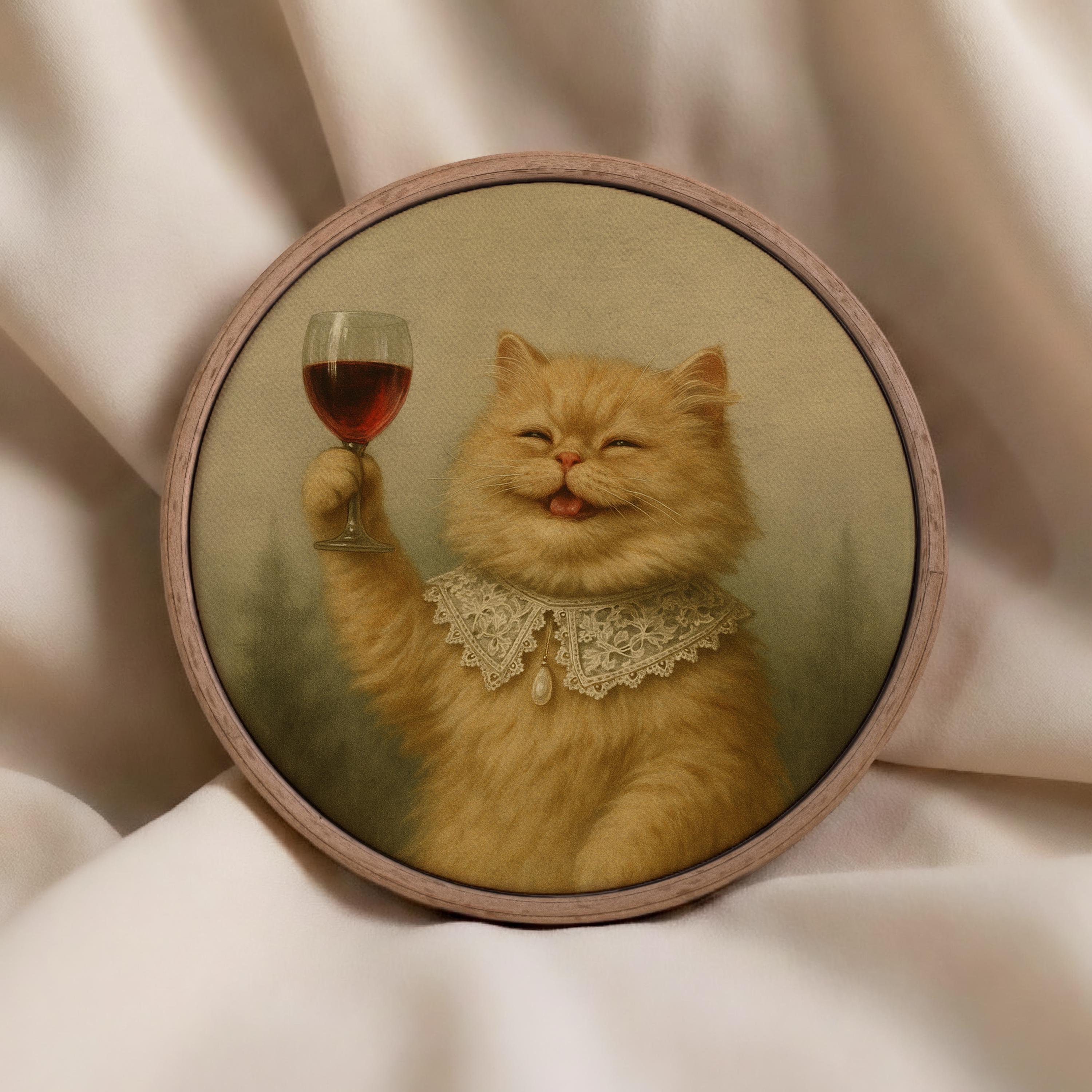 Cat Wine Wall Art · Happy Cat Toast Portrait · Funny Wine Lover Gift · Victorian Cat Decor