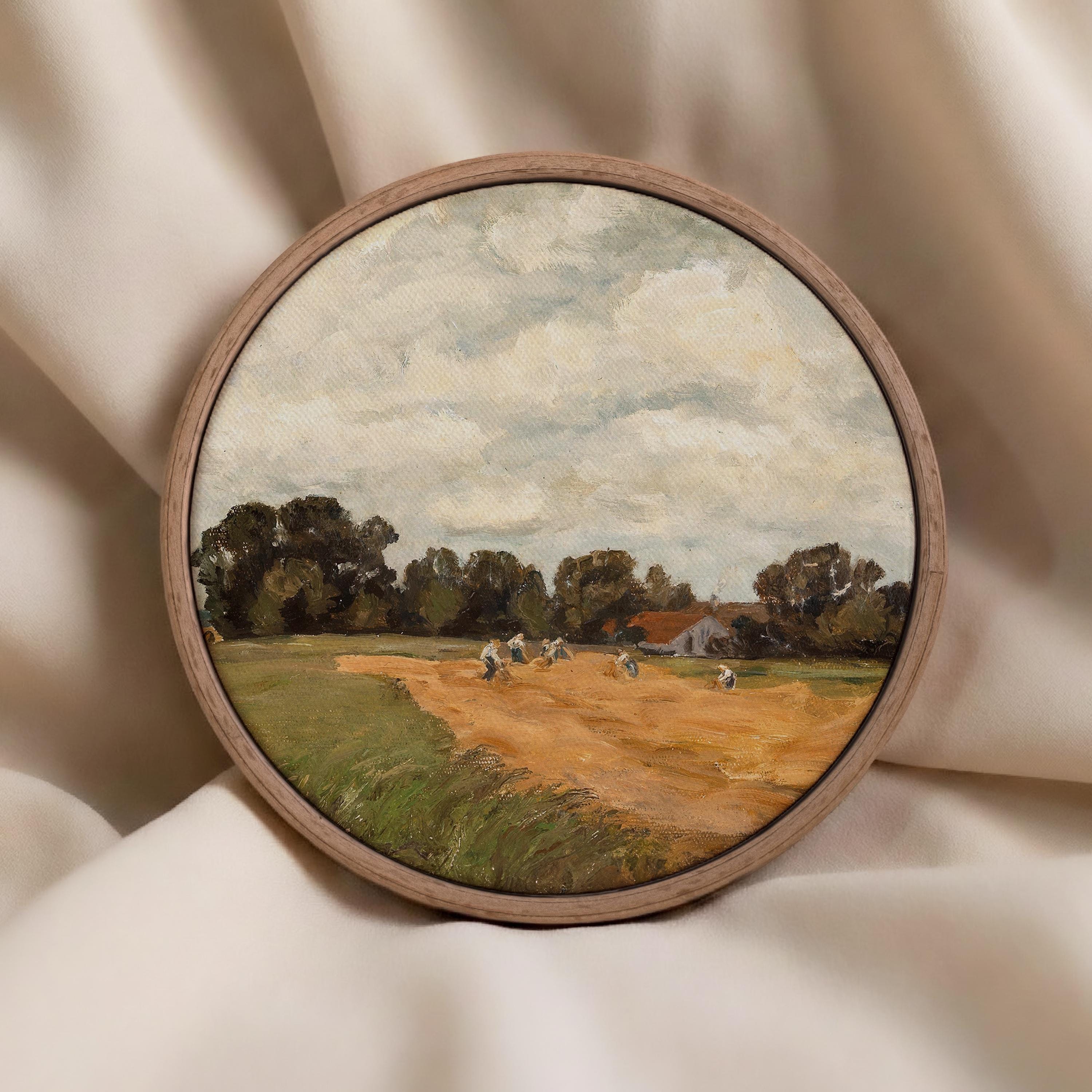 Rustic Countryside Field, Farm Landscape Art, Vintage Style Oil Painting Print, Vintage Countryside Landscape Art Print on Round Canvas