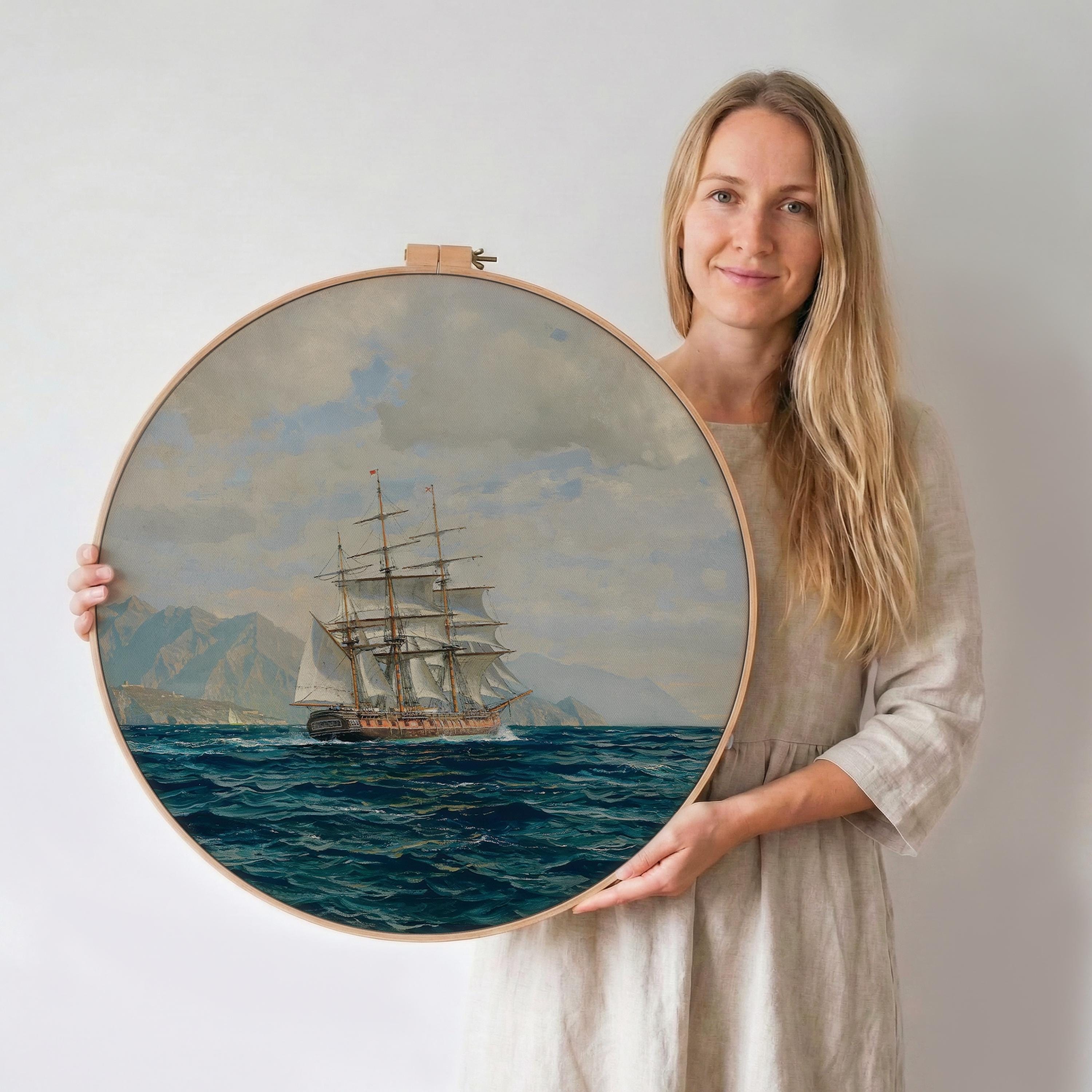 Round Nautical Sailing Ship Canvas Painting, Vintage Maritime Seascape Art