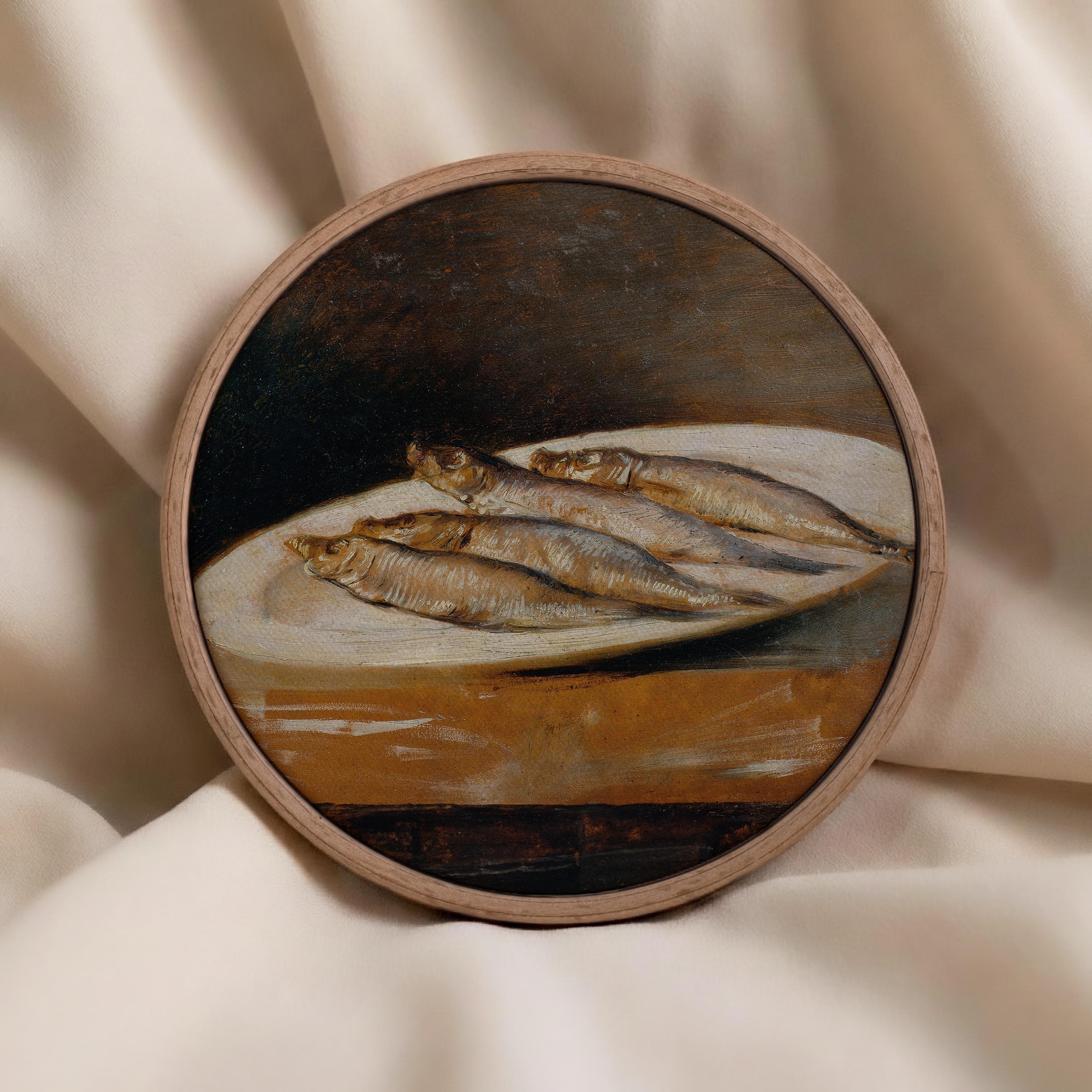 Sardines Still Life Oil Painting Print, Round Beechwood Canvas