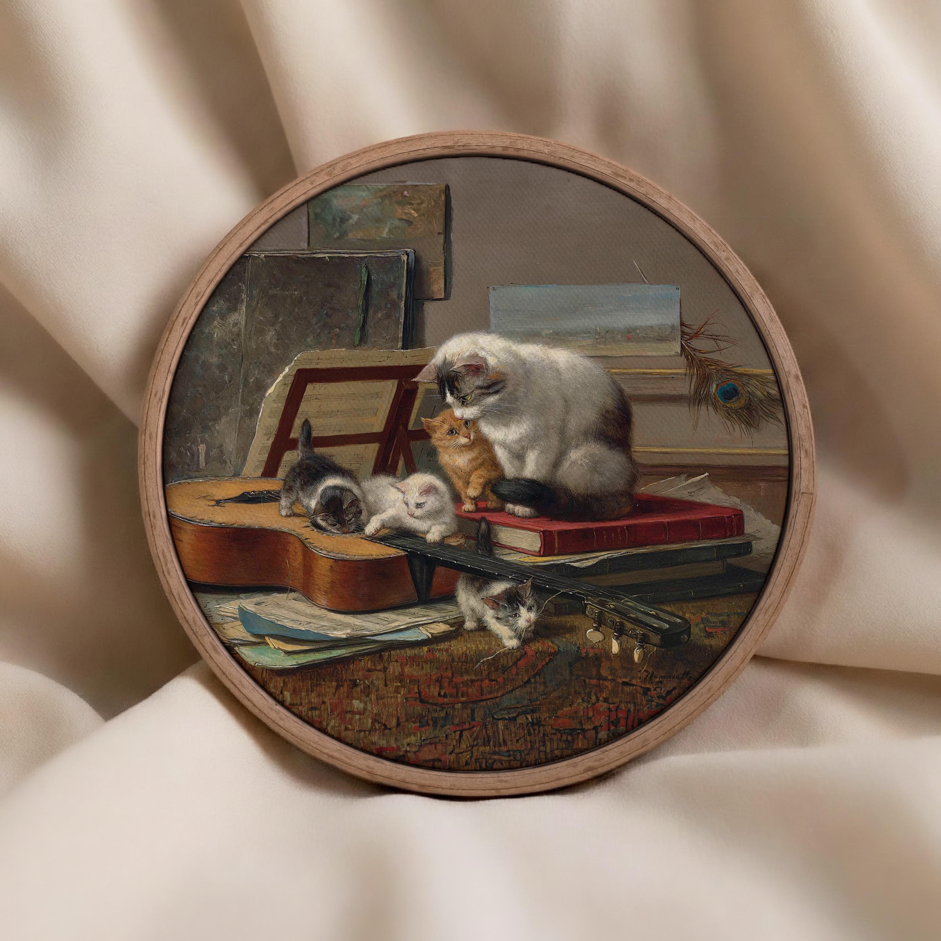 Vintage Cat & Kittens Round Canvas Art - Musical Instruments Feline Print