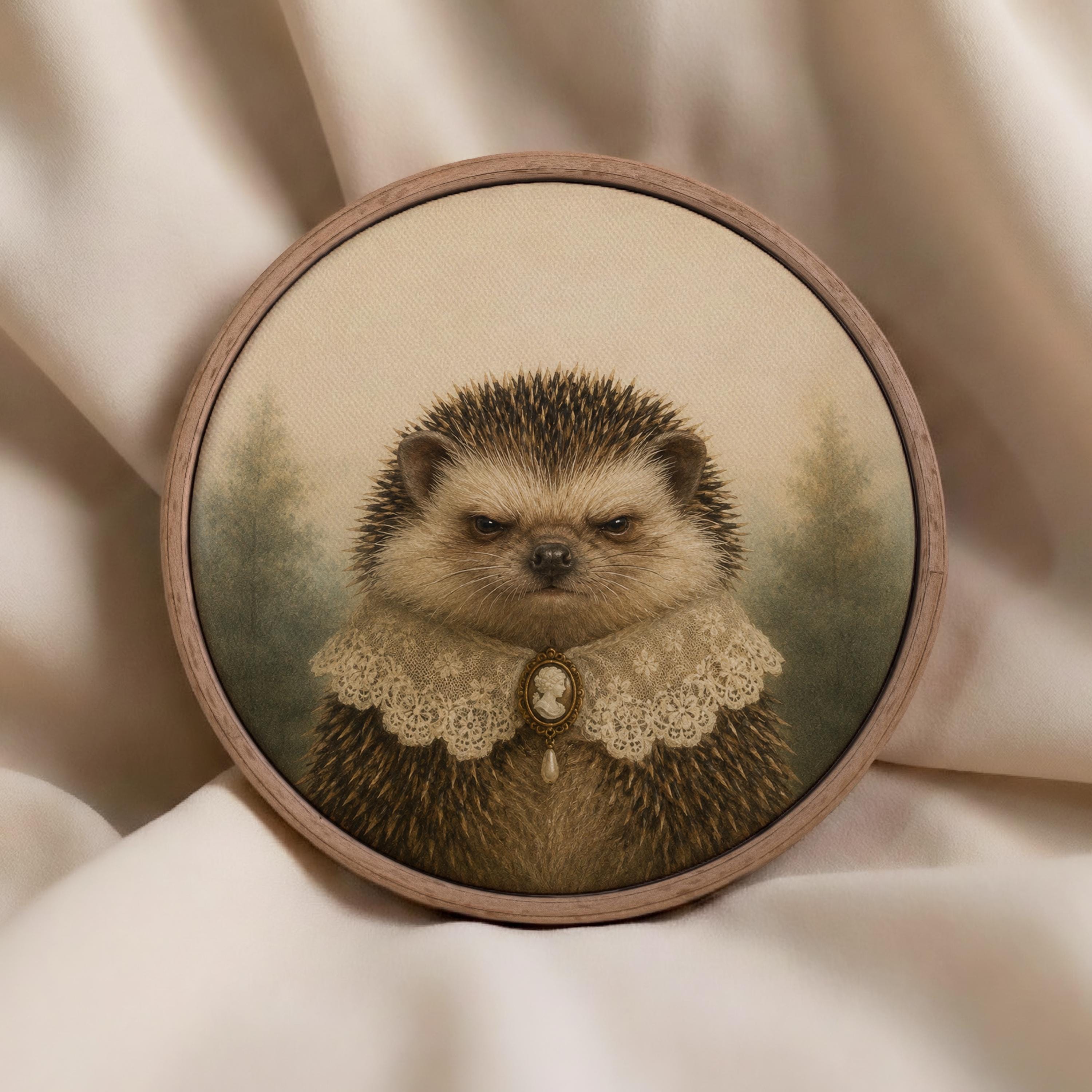 Grumpy Hedgehog Portrait Round Canvas Wall Art, Funny Victorian Animal Print, Quirky Framed Canvas Decor Grumpy Hedgehog Portrait Round Canvas Wall Art, Funny Victorian Animal Print, Quirky Framed Canvas Decor