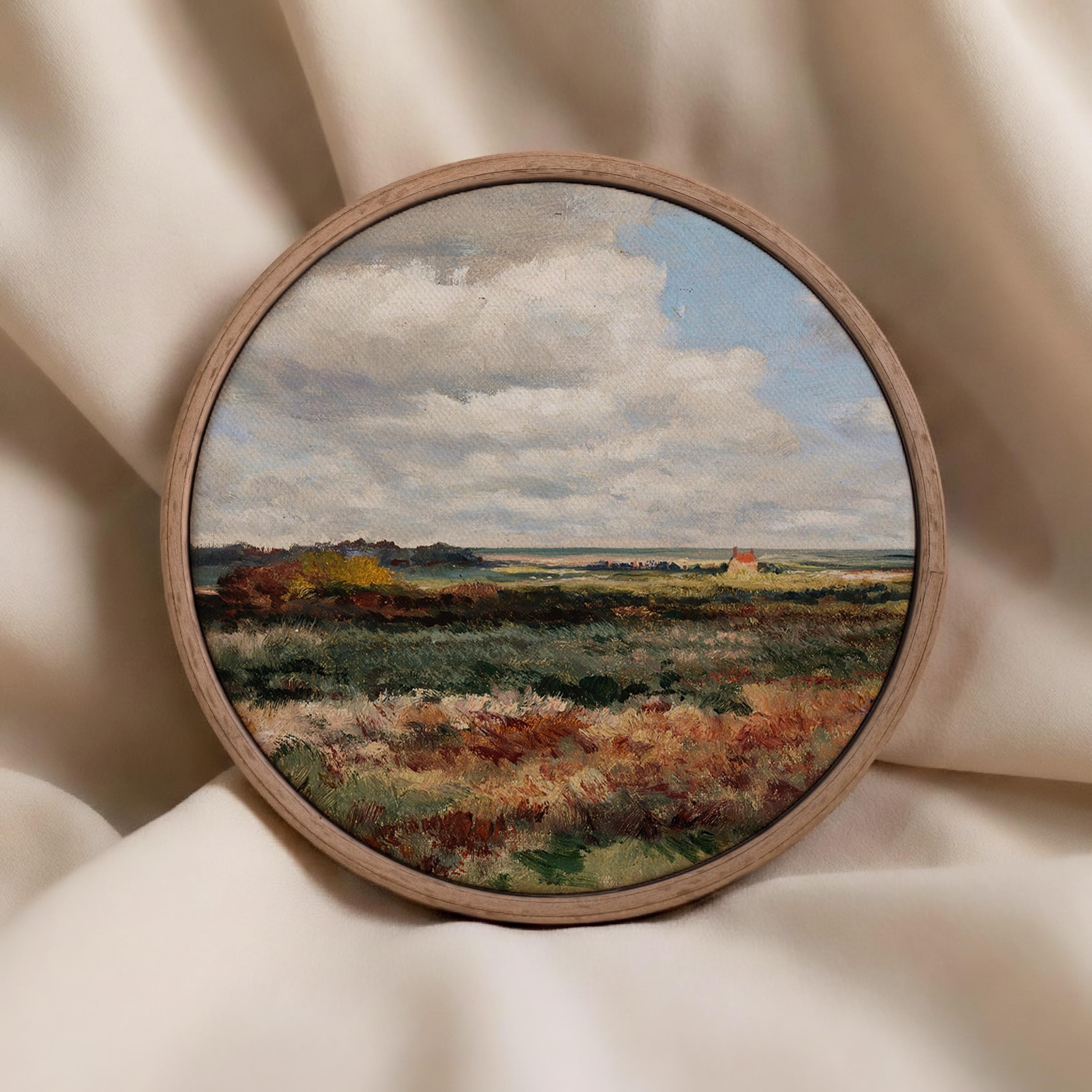 Classic Landscape Oil Painting - Vintage Impressionist Countryside Scene, Rustic Farm and Cloudy Sky Wall Art, Antique Style Home Decor