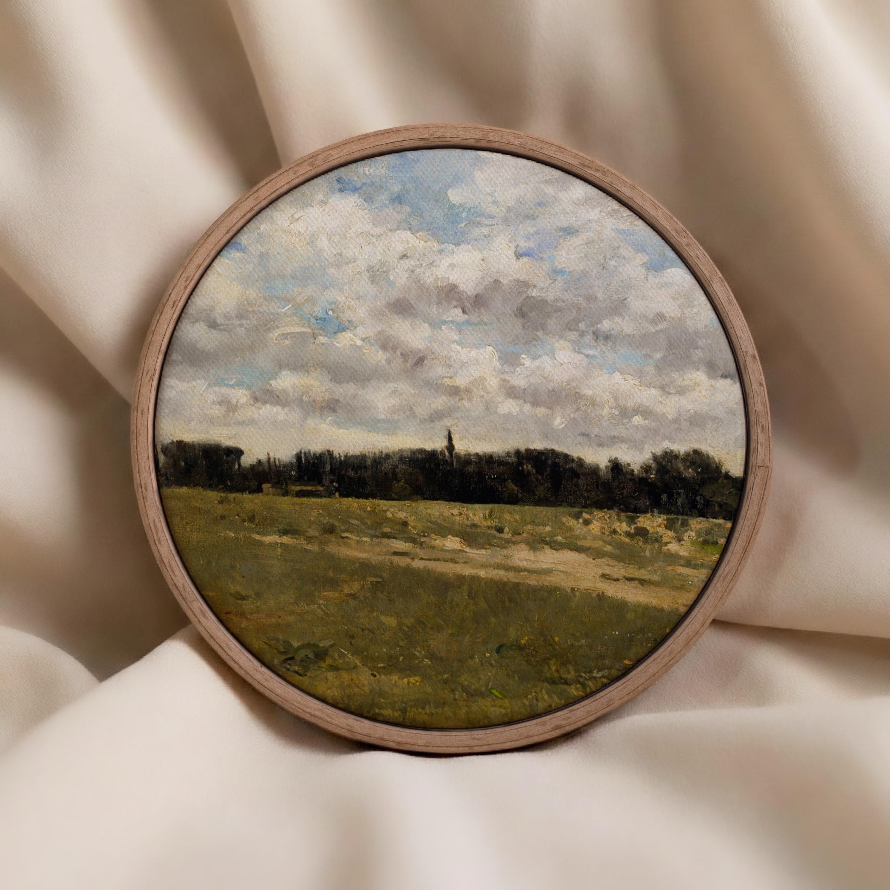 Vintage English Countryside Landscape Art Print, Round Canvas