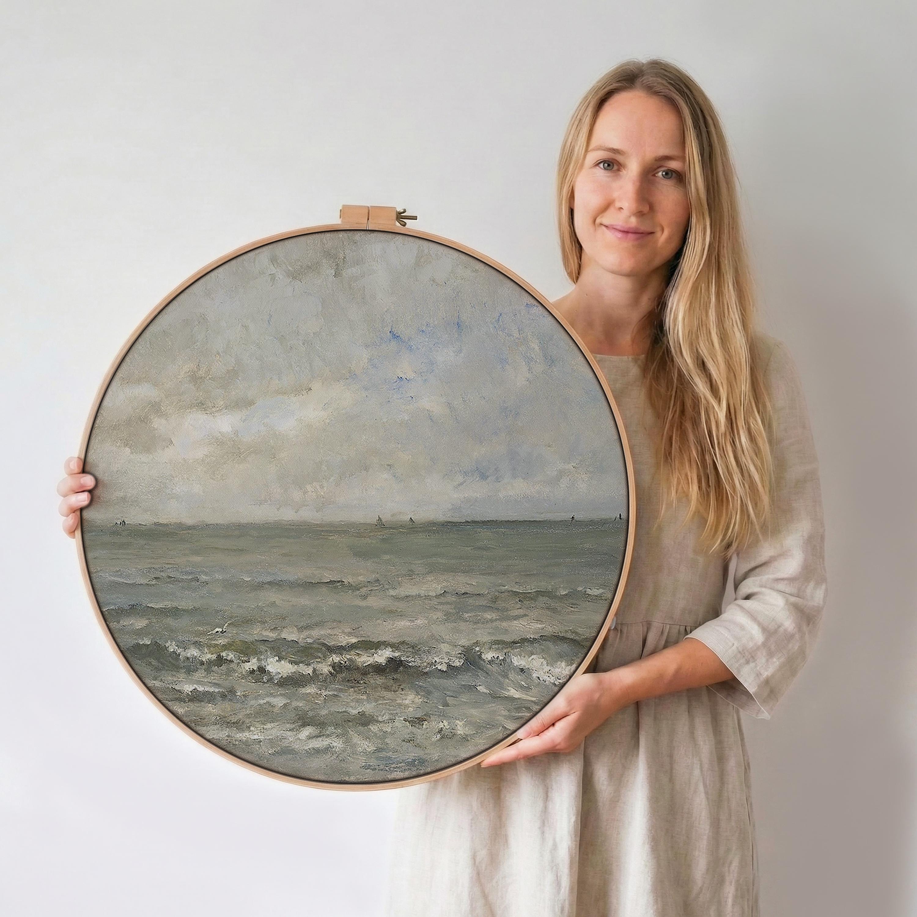 Round Seascape Canvas Print, Coastal Lake House Wall Art