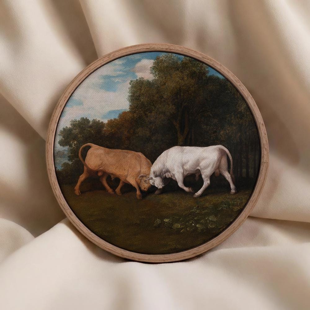 Vintage Bull Painting, Round Canvas, Rustic Farmhouse Decor