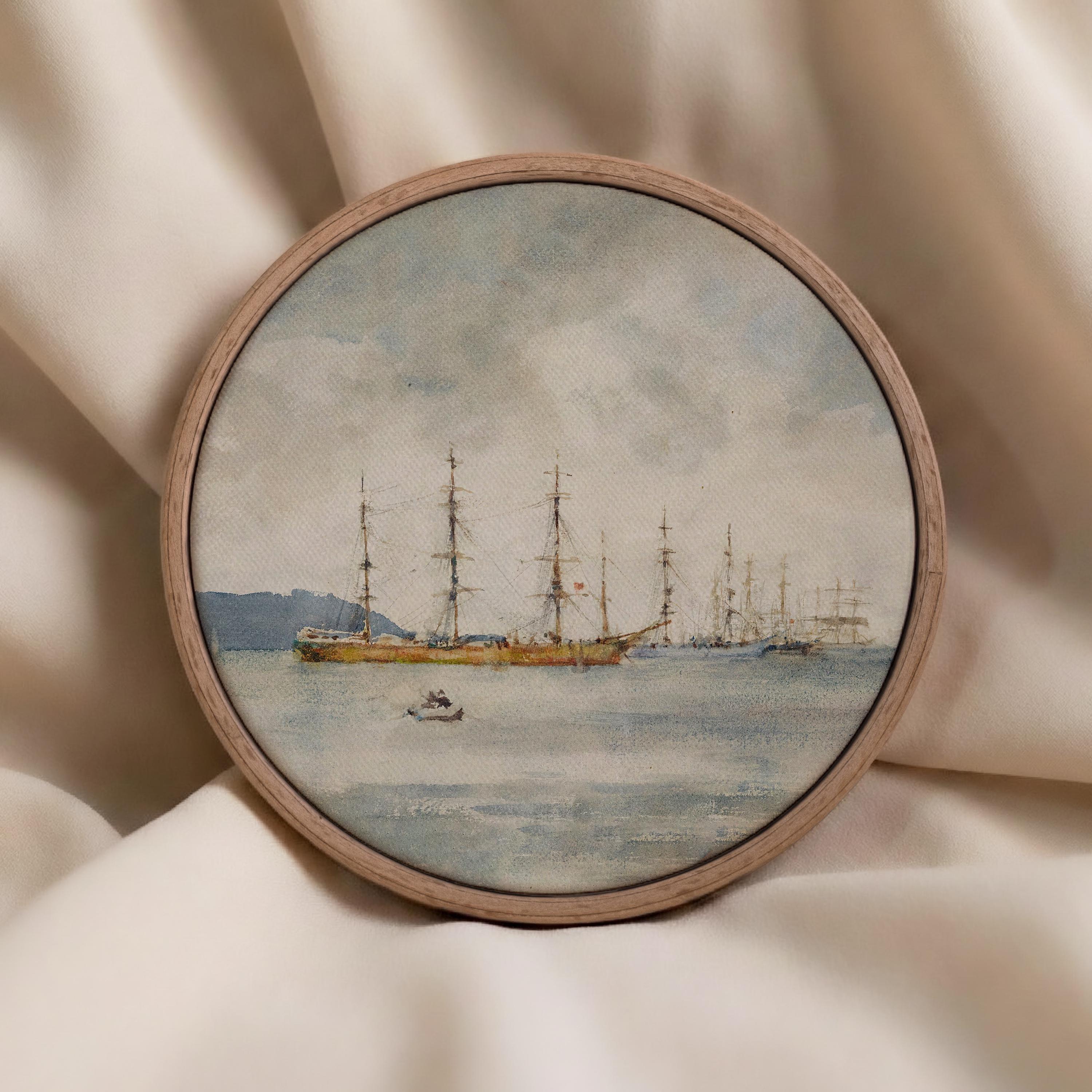 Coastal Round Canvas Art, Antique Sailing Ships (Beechwood Frame)
