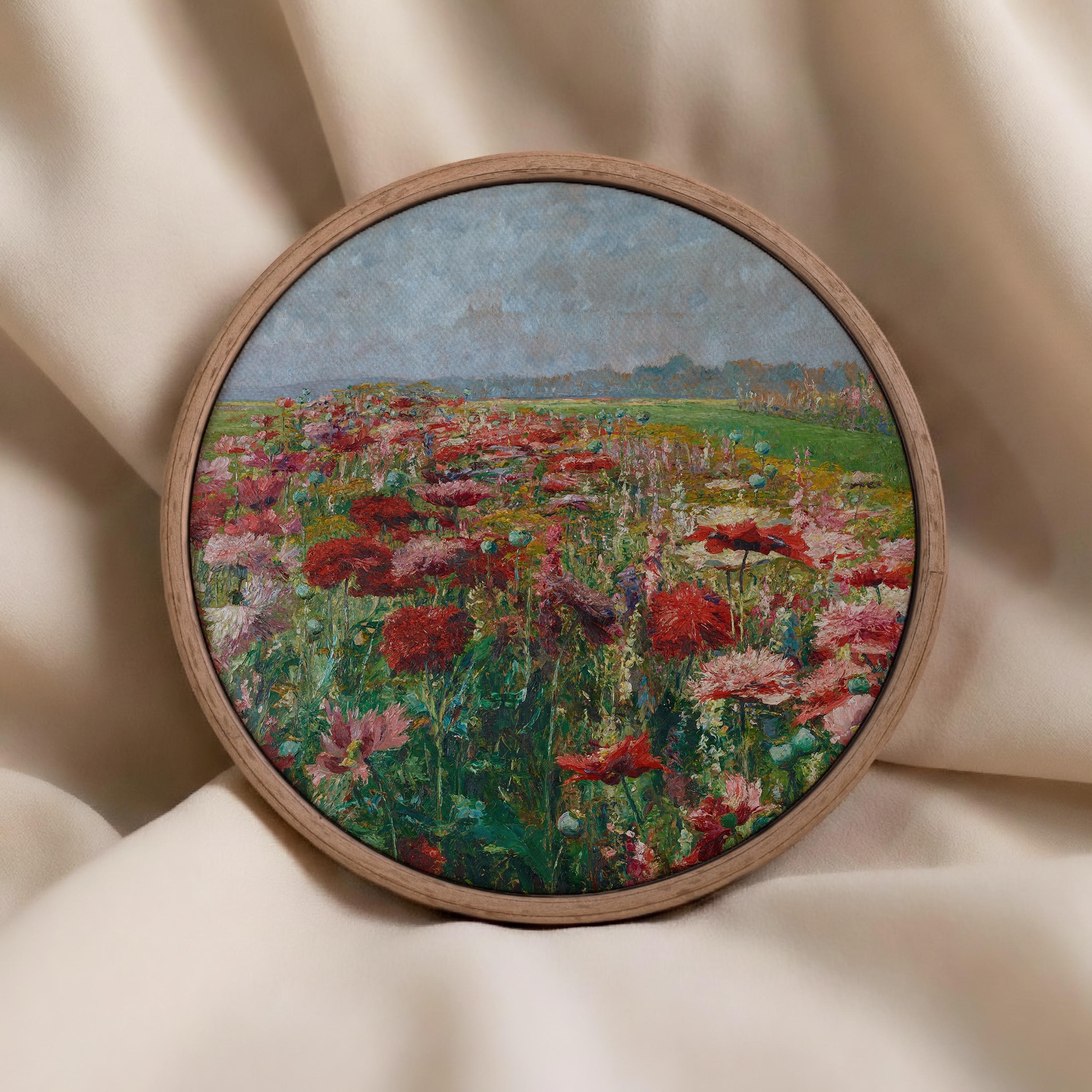 Wildflower Meadow Oil Painting, Vintage Round Beechwood Canvas