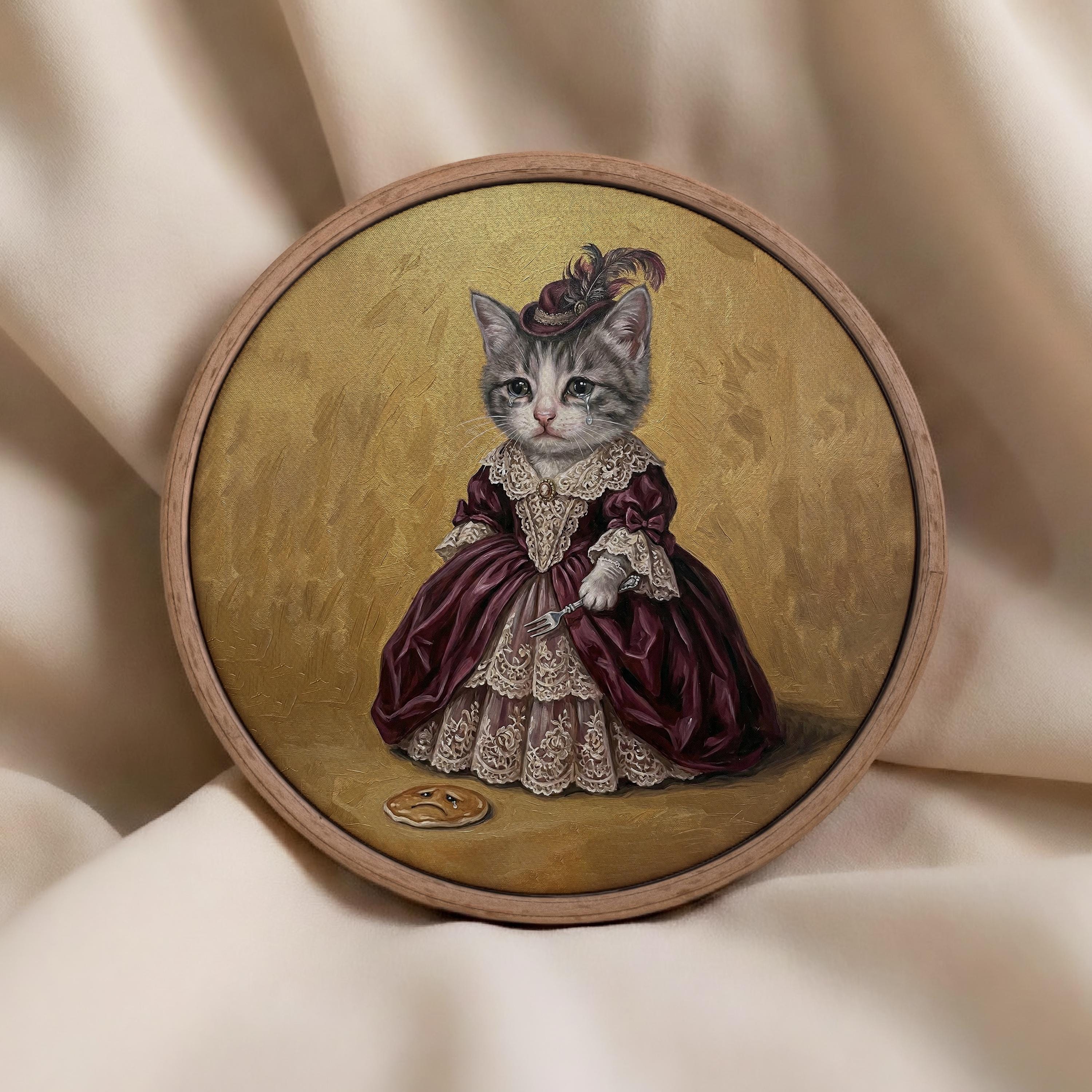 Victorian Cat Wall Art · Sad Cat Pancake Painting · Funny Cat Gift · Grandmillennial Baroque Cat Decor