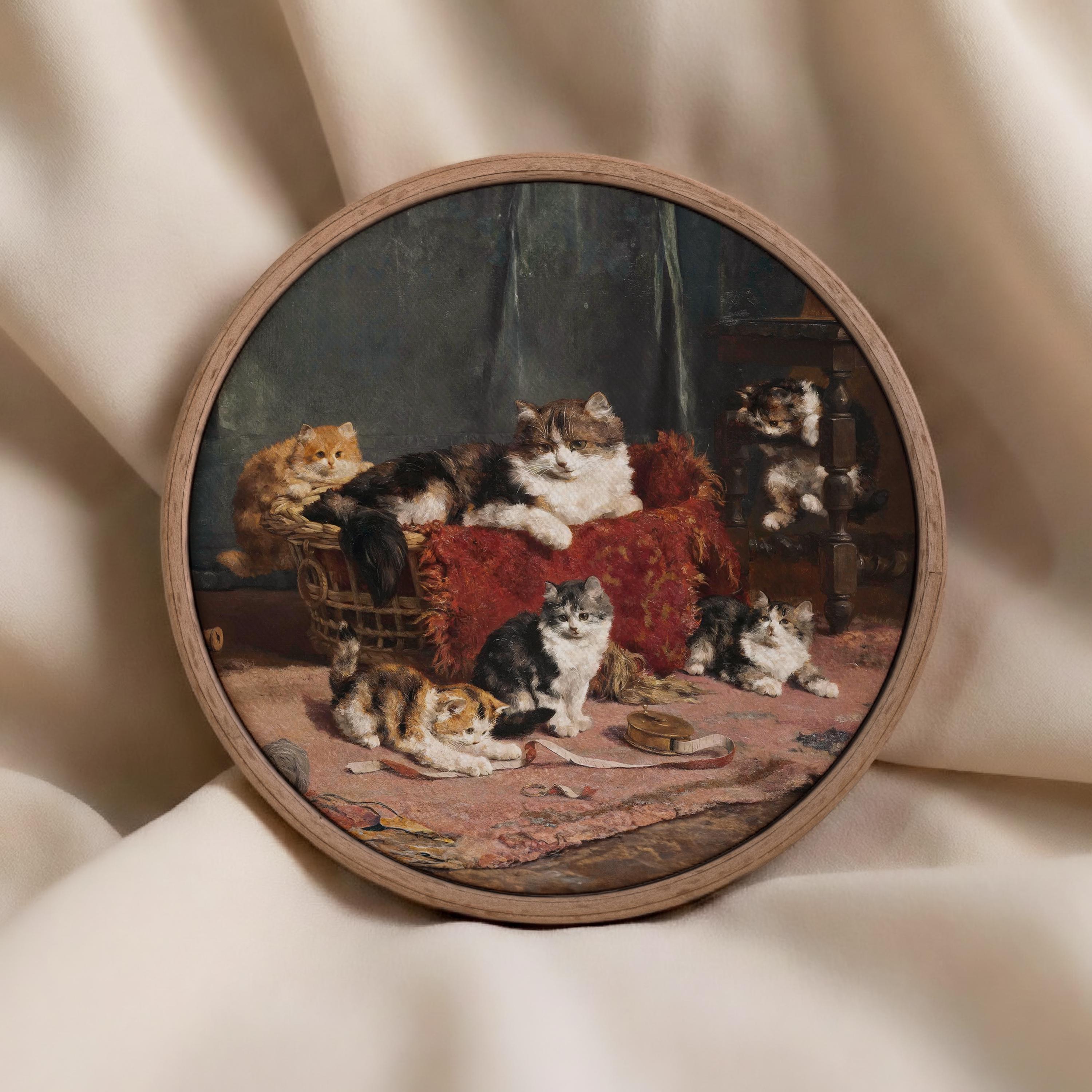 Kittens in Basket Round Canvas Art Print – Vintage Style Animal Decor Kittens in Basket Round Canvas Art Print – Vintage Style Animal Decor