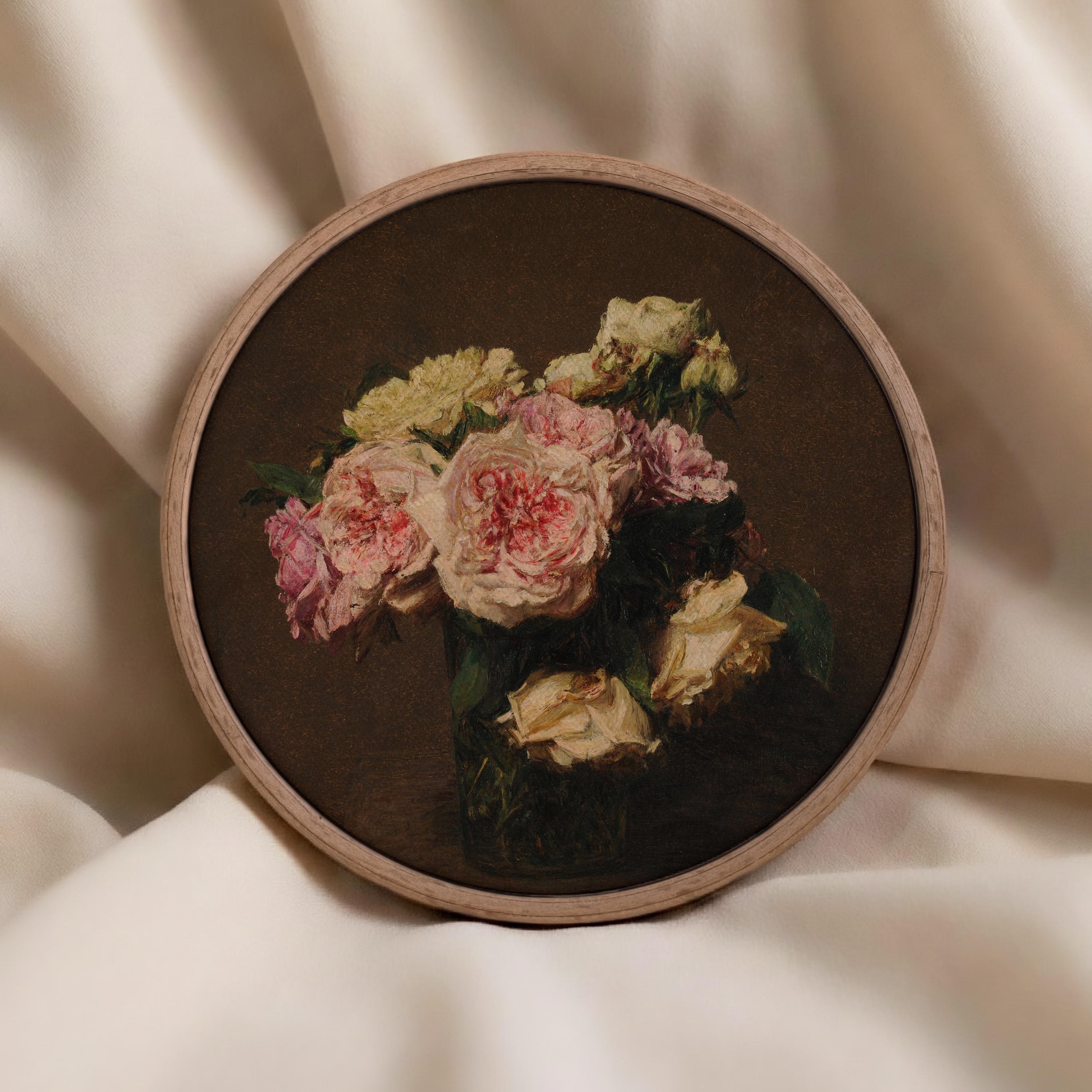 Round Framed Rose Wall Art, Vintage Floral Oil Painting Style Print, Moody Romantic Cottagecore Decor Round Framed Rose Wall Art, Vintage Floral Oil Painting Style Print, Moody Romantic Cottagecore Decor