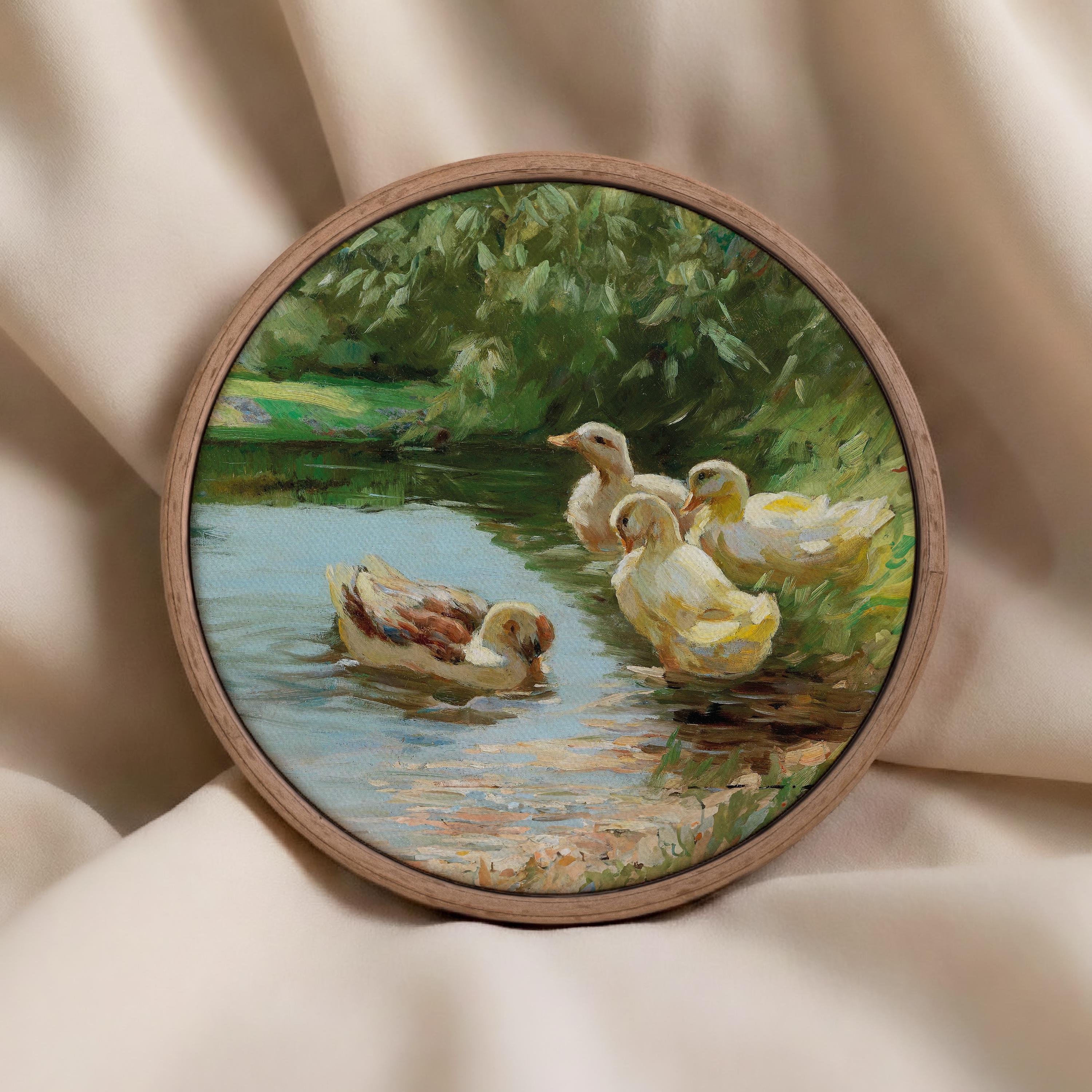 Vintage Duckling Painting | Round Beechwood Canvas, Nursery Art