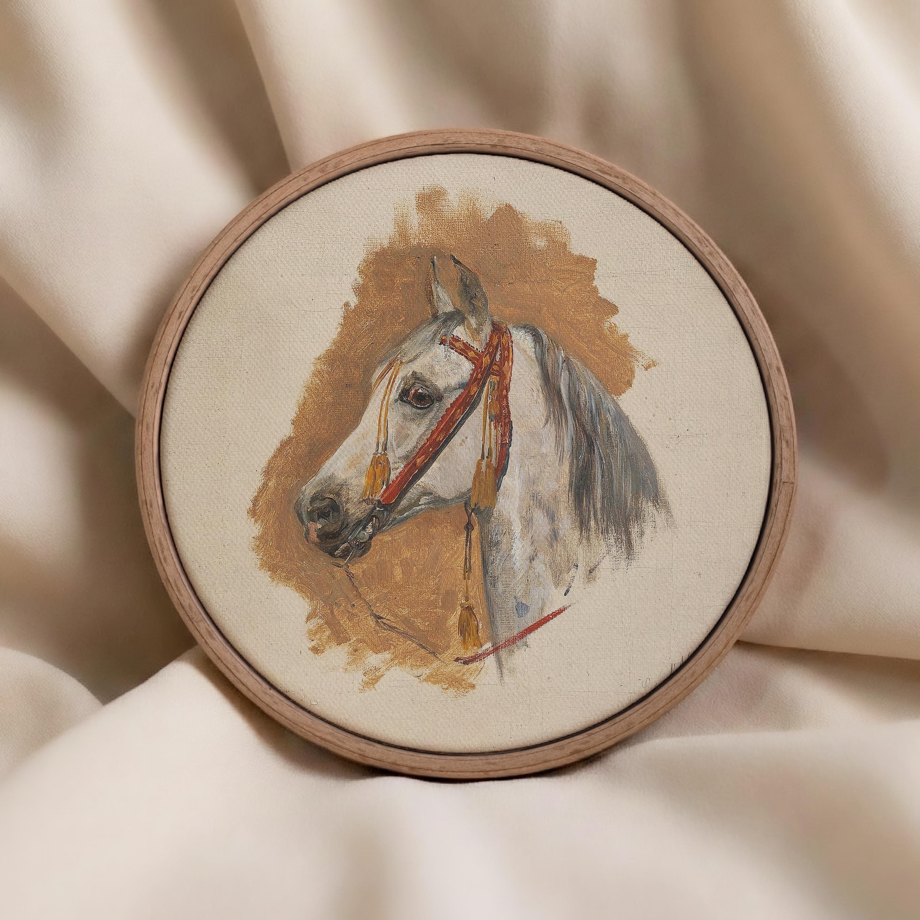 Vintage Horse Portrait on Round Beechwood Canvas, Farmhouse Wall Art