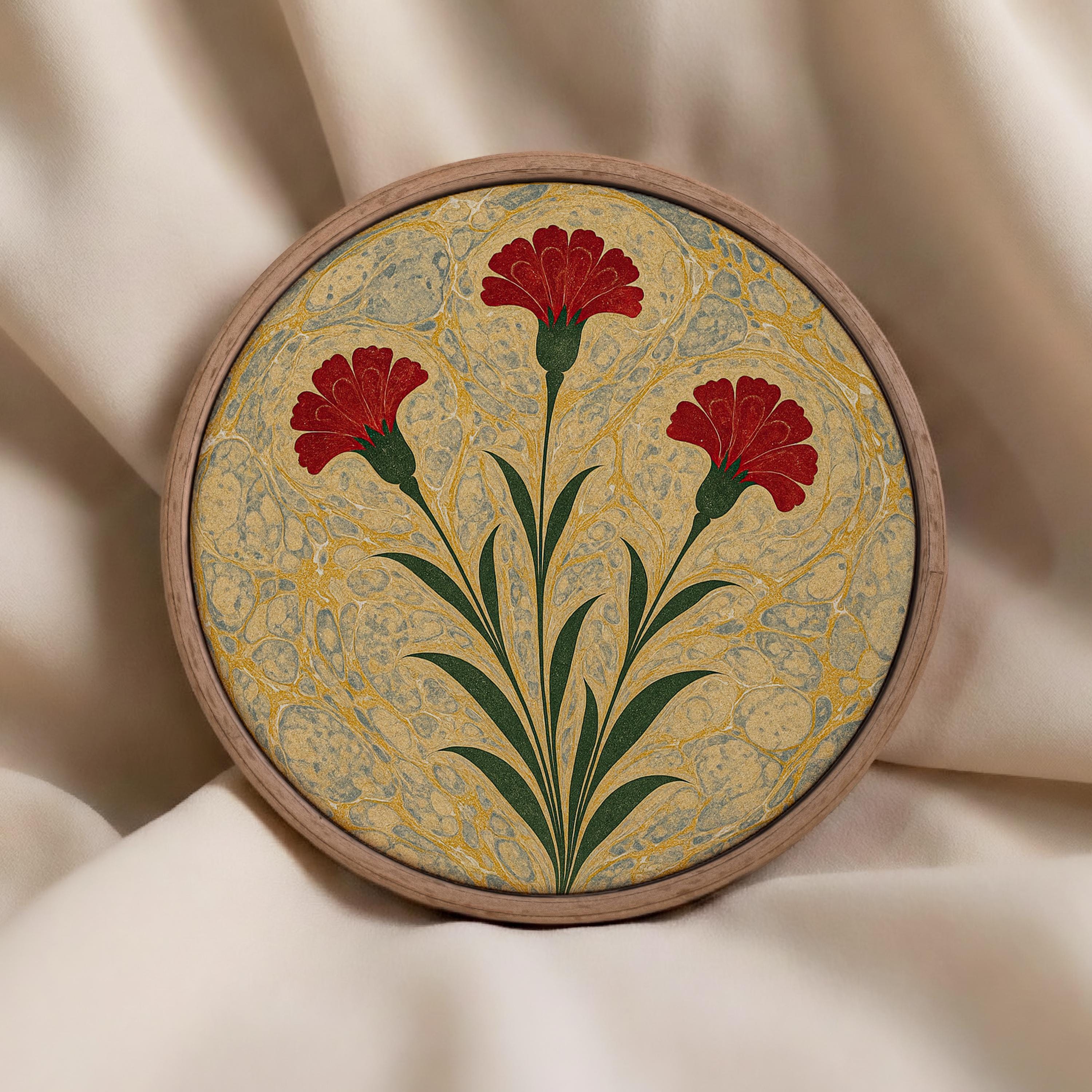 Red Carnation Floral Art Print, Marbled Paper Style Wall Decor, Vintage Botanical Folk Art