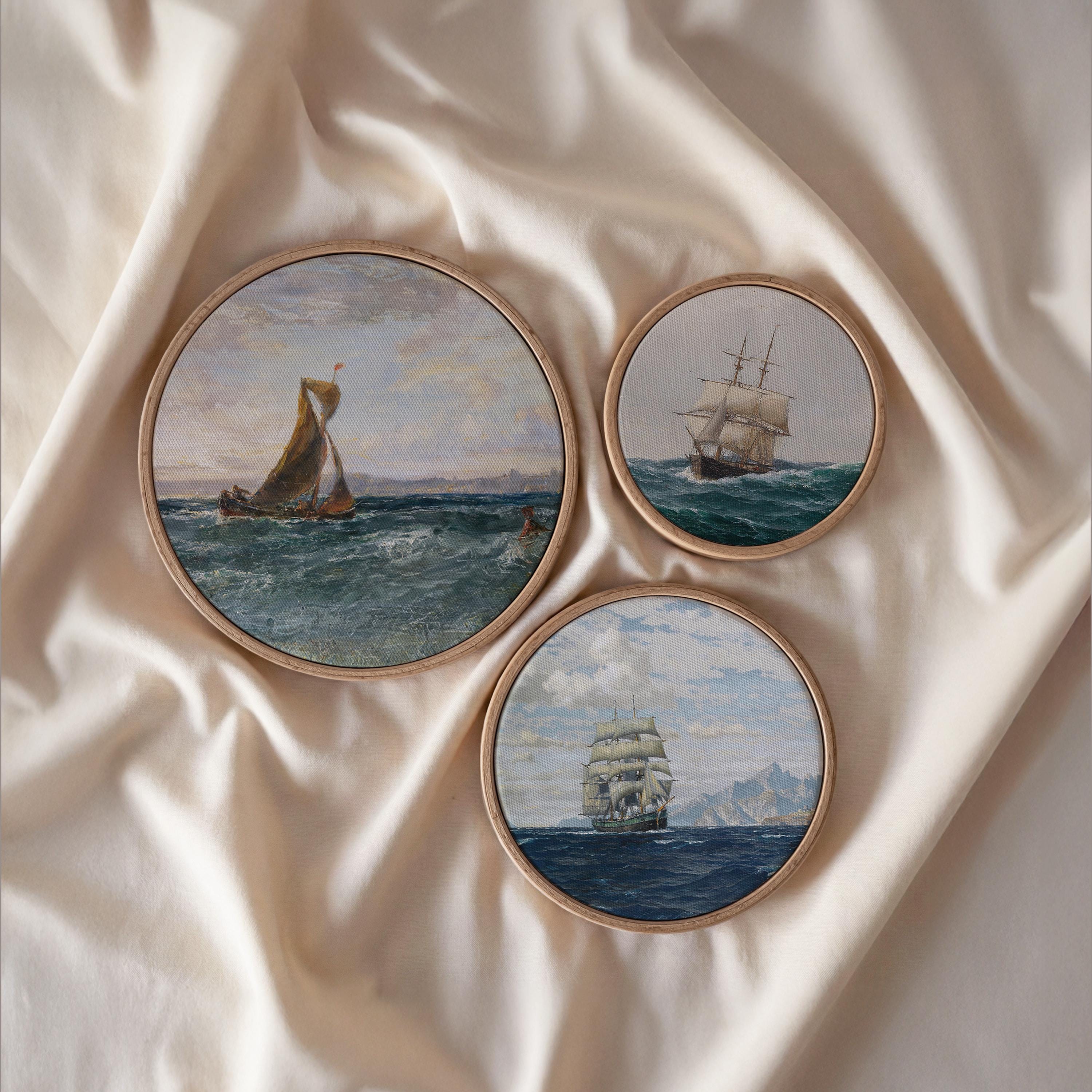 Nautical Seascape Canvas Art, Round Beech Wood Frame, Set of 3 Nautical Seascape Canvas Art, Round Beech Wood Frame, Set of 3