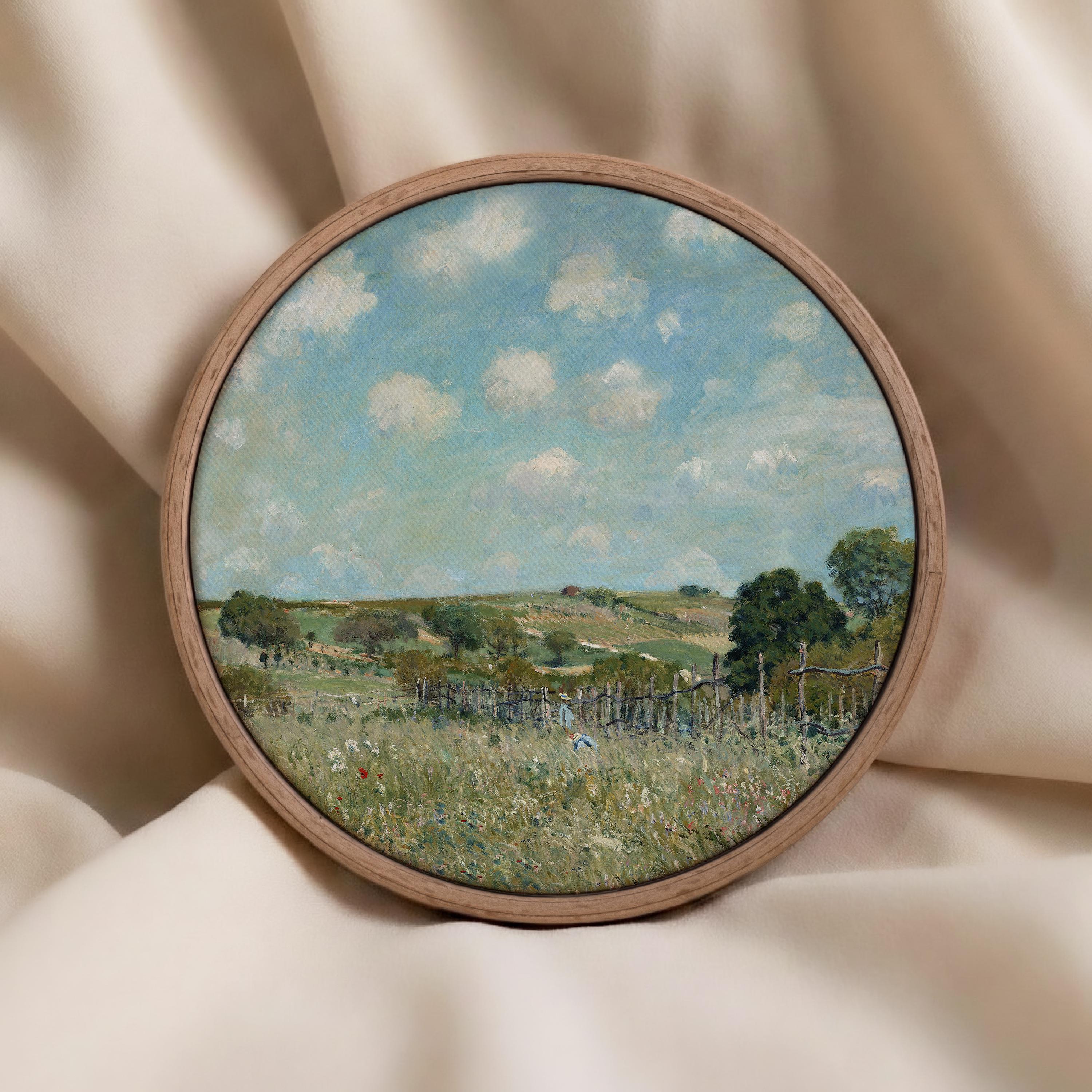 Spring Wildflowers Field Landscape Oil Painting, Vintage Landscape Art Print on Round Canvas