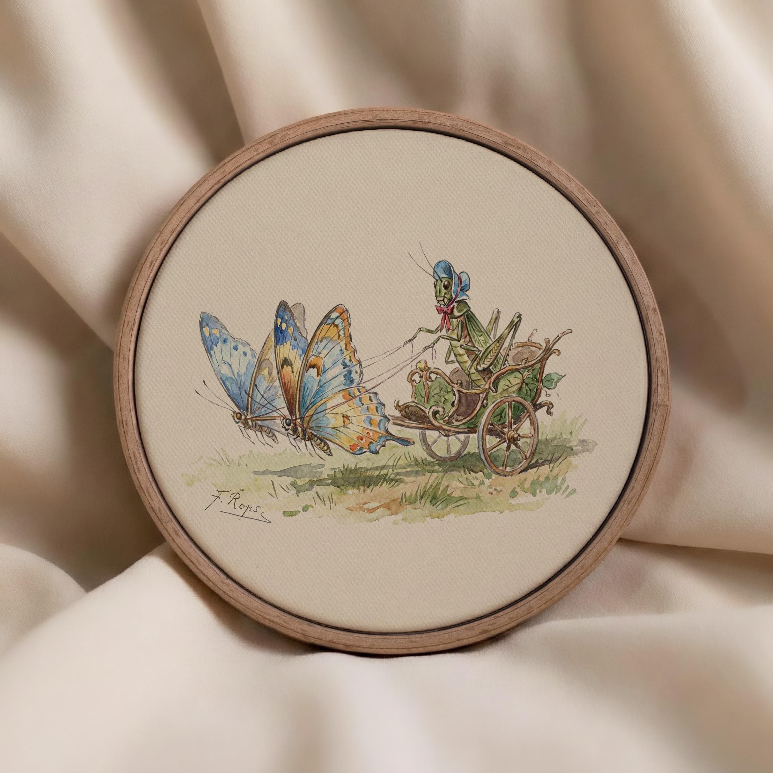 Whimsical Grasshopper and Butterfly Art Print, Vintage Watercolor Insect Illustration Whimsical Grasshopper and Butterfly Art Print, Vintage Watercolor Insect Illustration